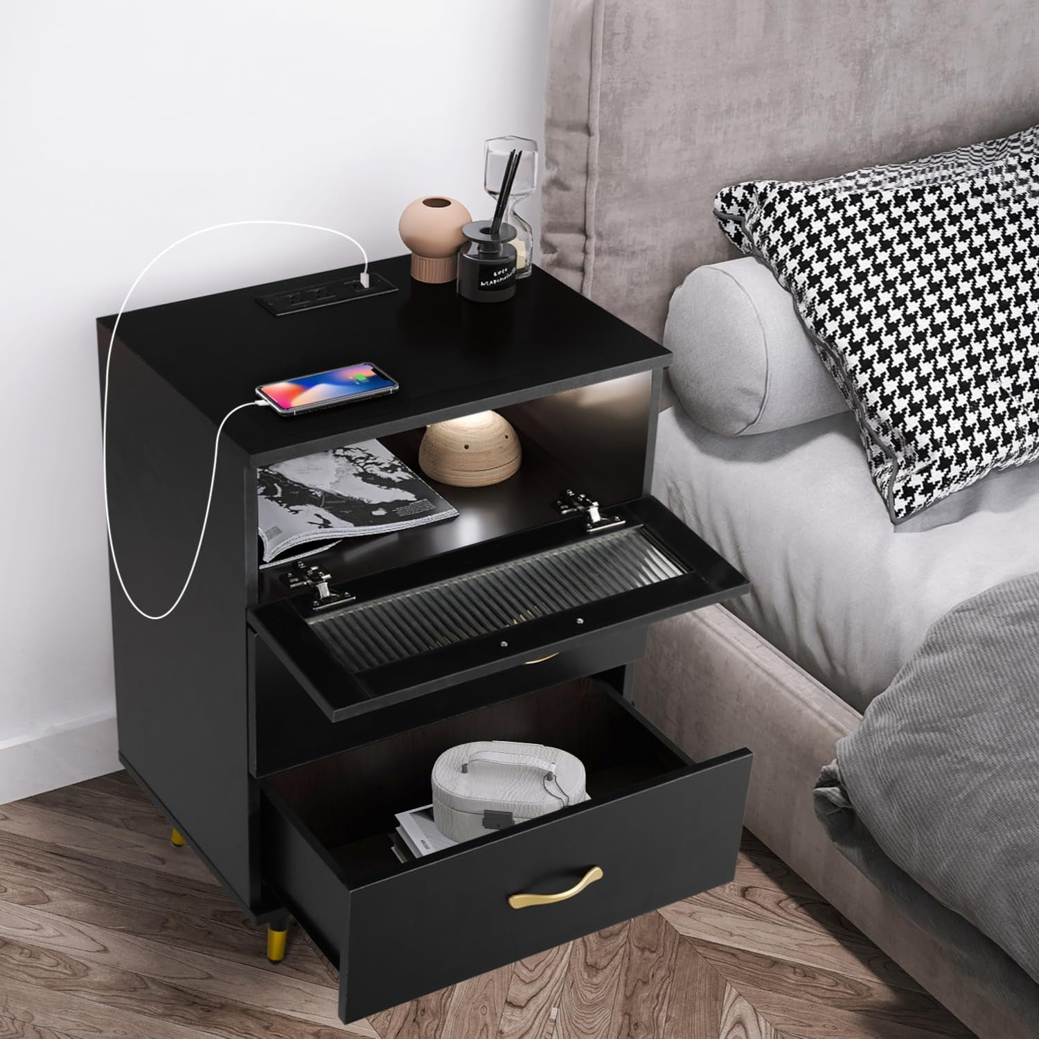 Black Accent Nightstand with USB Charge Modern 3 Drawer Nightstand ...