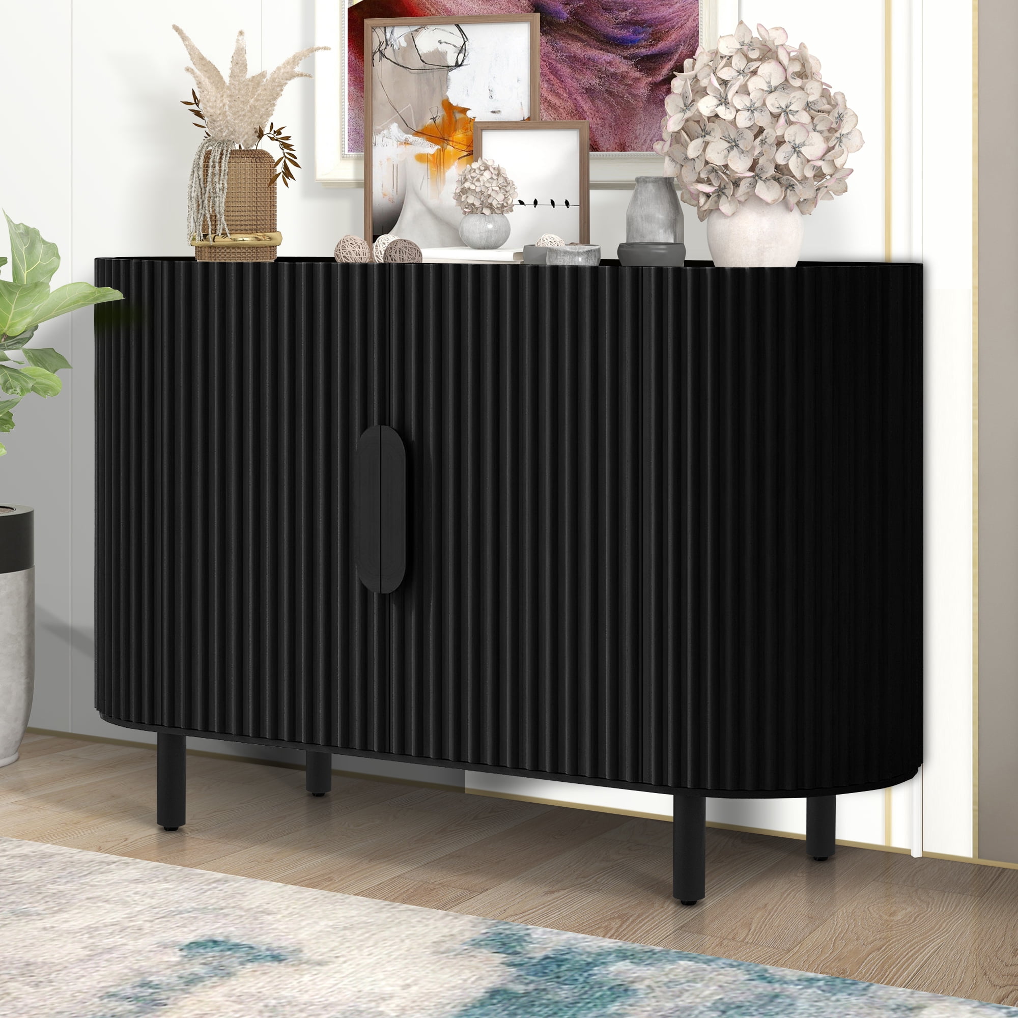Atumon Black Accent Storage Cabinet, Curved Sideboard, 4 Doors ...