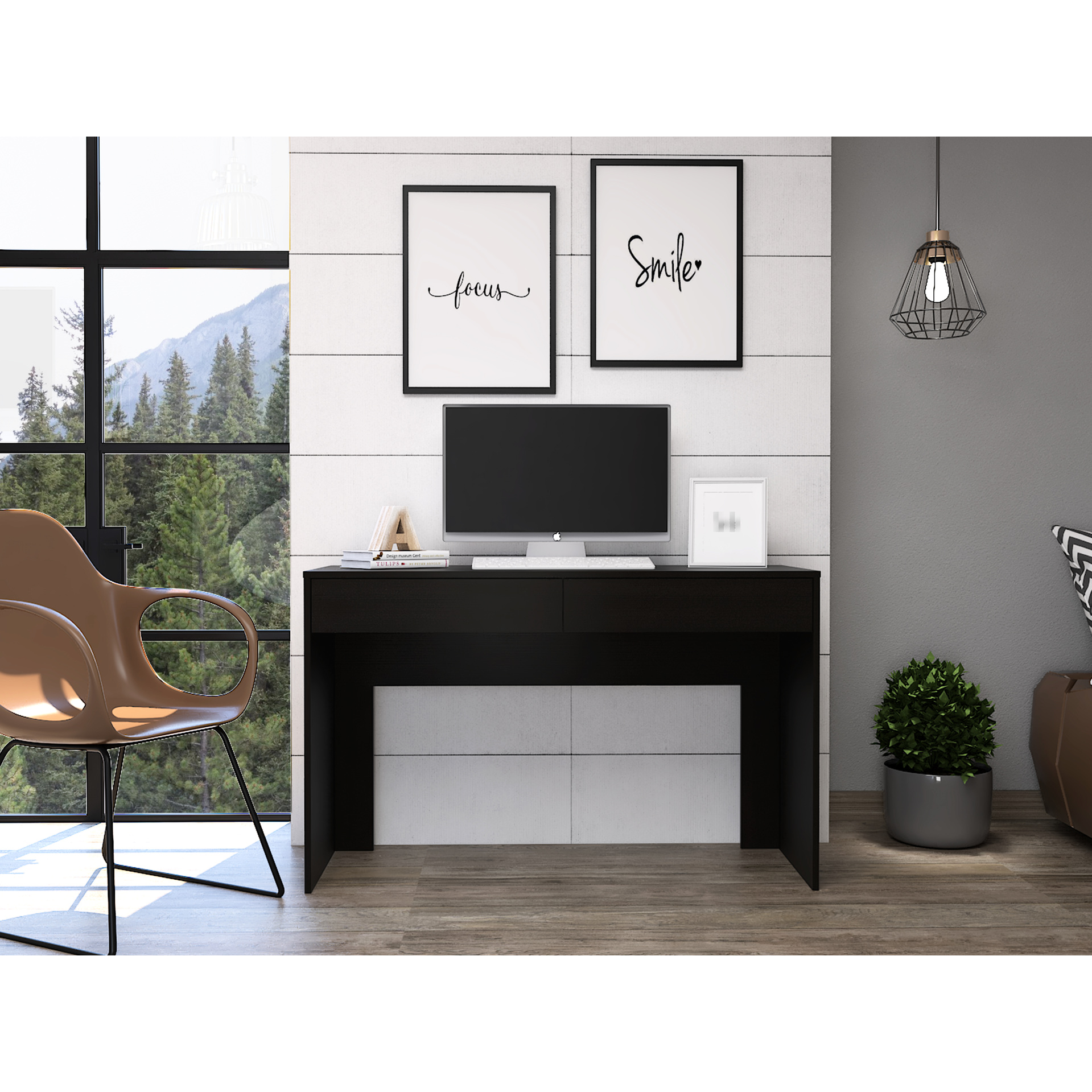 Black Acre Computer Desk With Two Drawers, 47.3-inch Wide Surface For ...