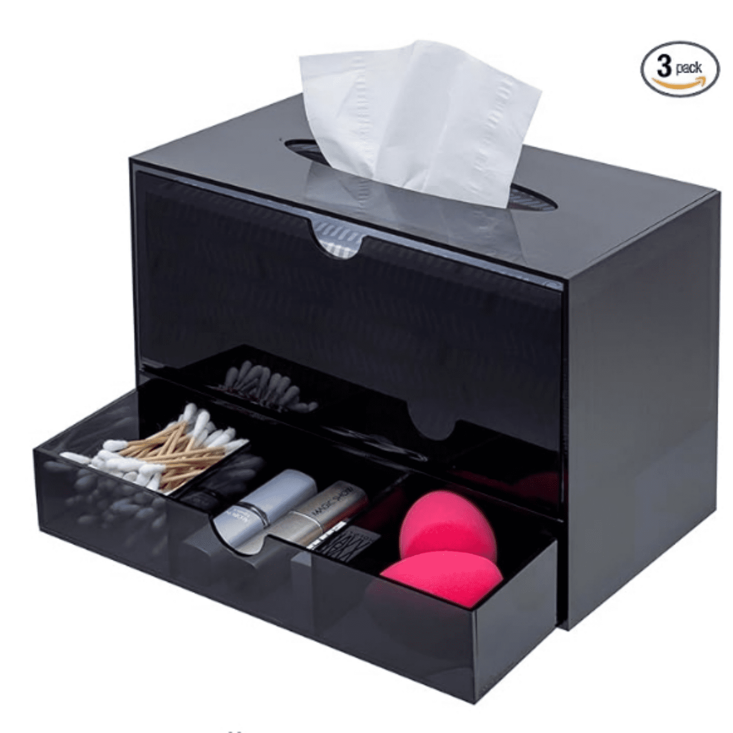 Black Acrylic Cosmetic Organizer Caddy and Tissue Box Cover with Pull ...