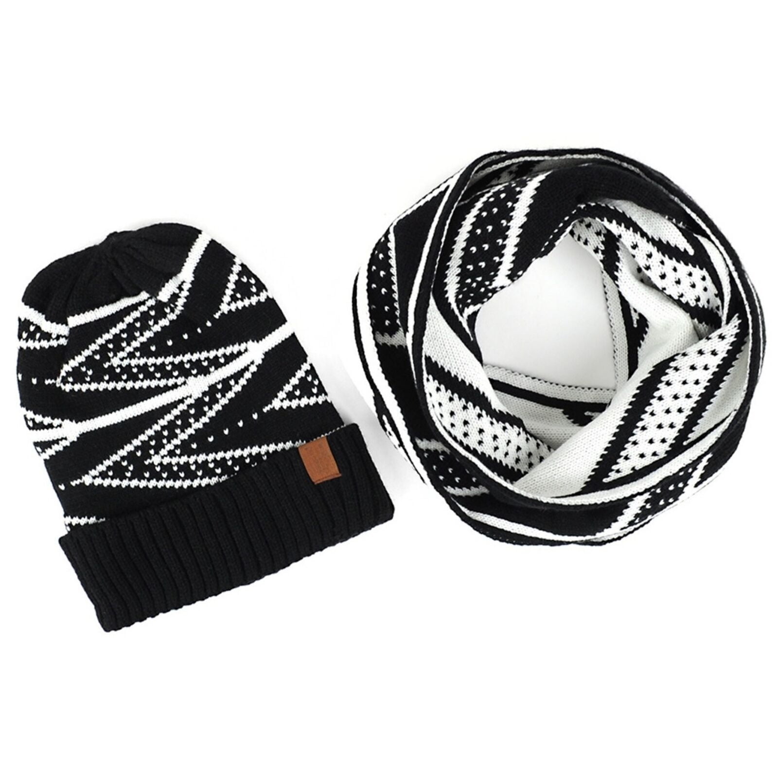 Black Acrylic Knit Reversible Chevron Hat and Infinity Scarf Set for ...