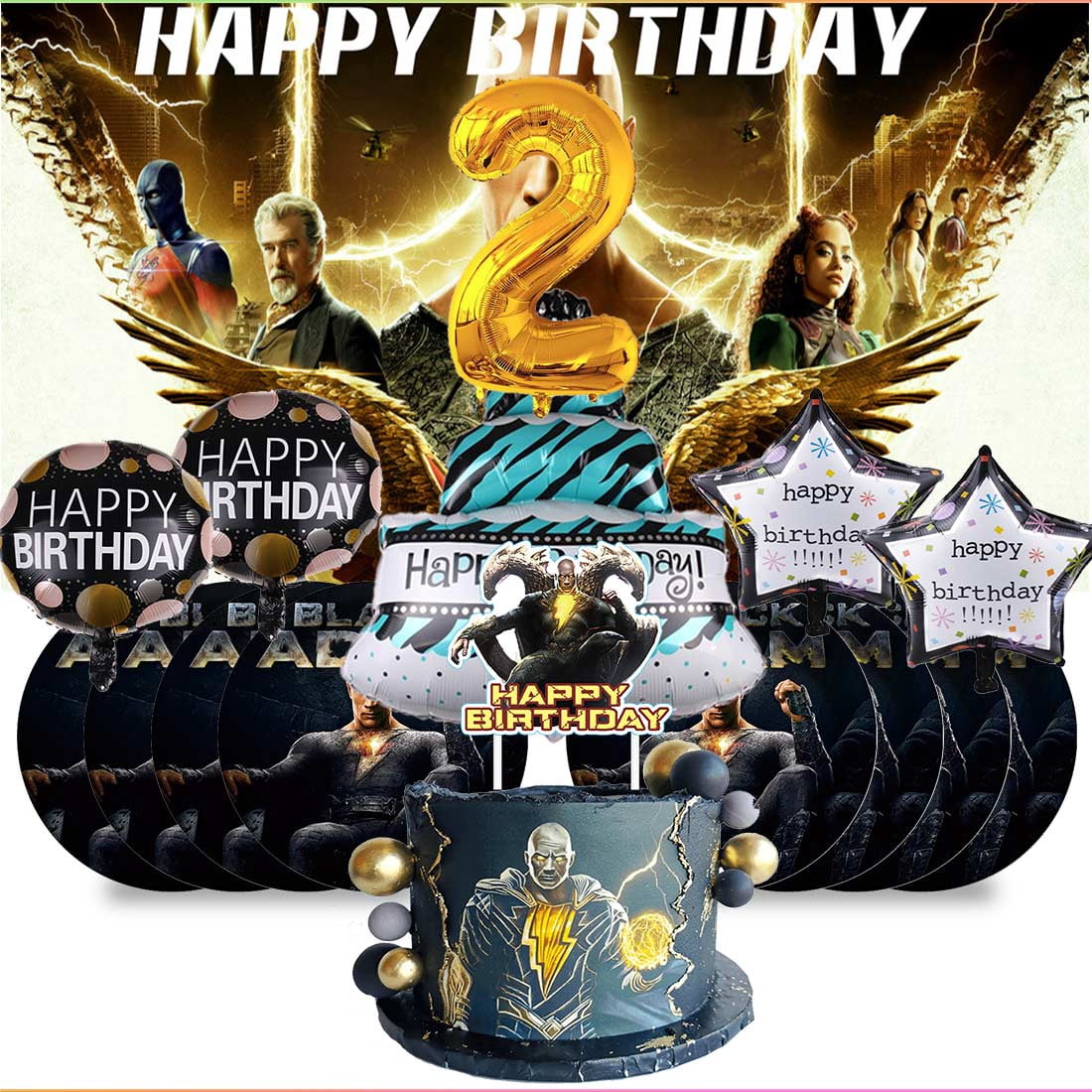 Black Adam 2nd Tableware Balloons Cake Toppers Backdrop Banner Supplies ...