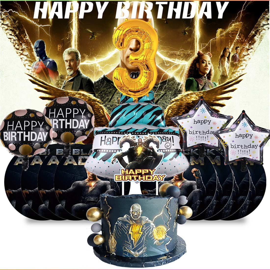 Black Adam 3rd Tableware Balloons Cake Toppers Backdrop Banner Supplies ...