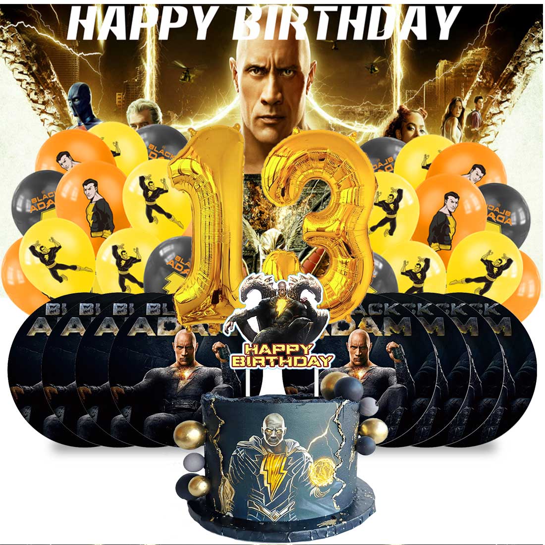 Black Adam Balloons Party Supplies 13th Decor Tableware Birthday Cake ...