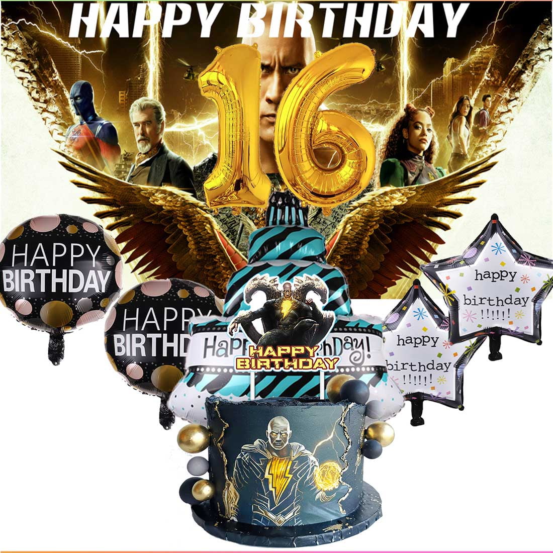 Black Adam Party Supplies Decor 16th Kit Balloons Birthday Cake Topper ...