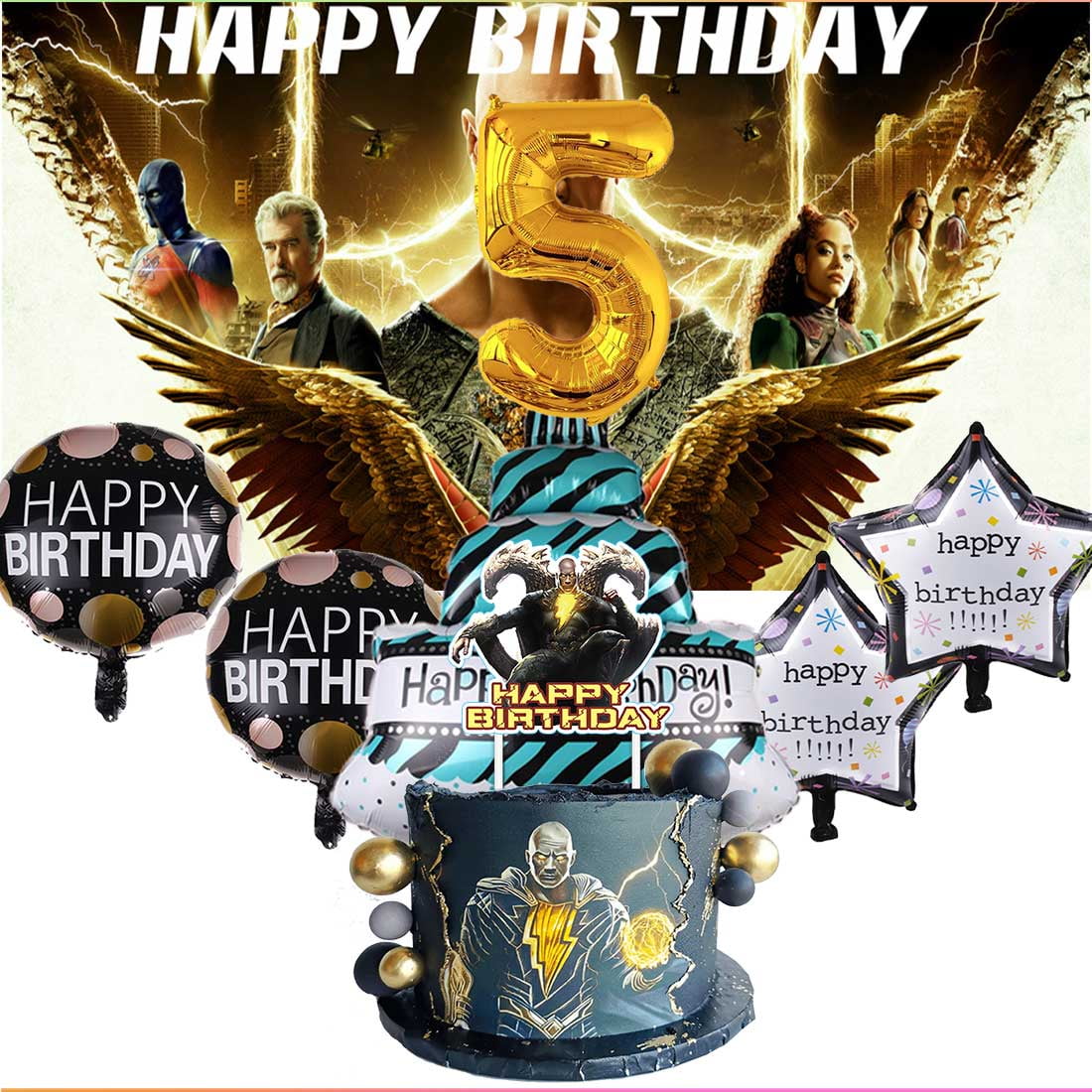 Black Adam Party Supplies Decor 5th Kit Balloons Birthday Cake Topper ...
