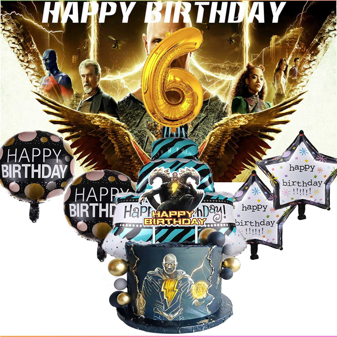 Black Adam Party Supplies Decor 6th Kit Balloons Birthday Cake Topper ...