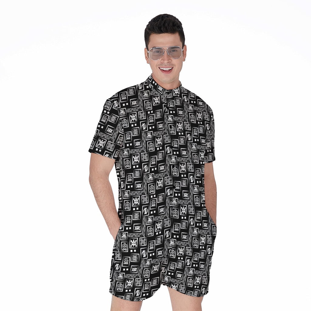 Black Adinkra Symbols Pattern Short Sleeve Men'S Rompers Casual Summer ...
