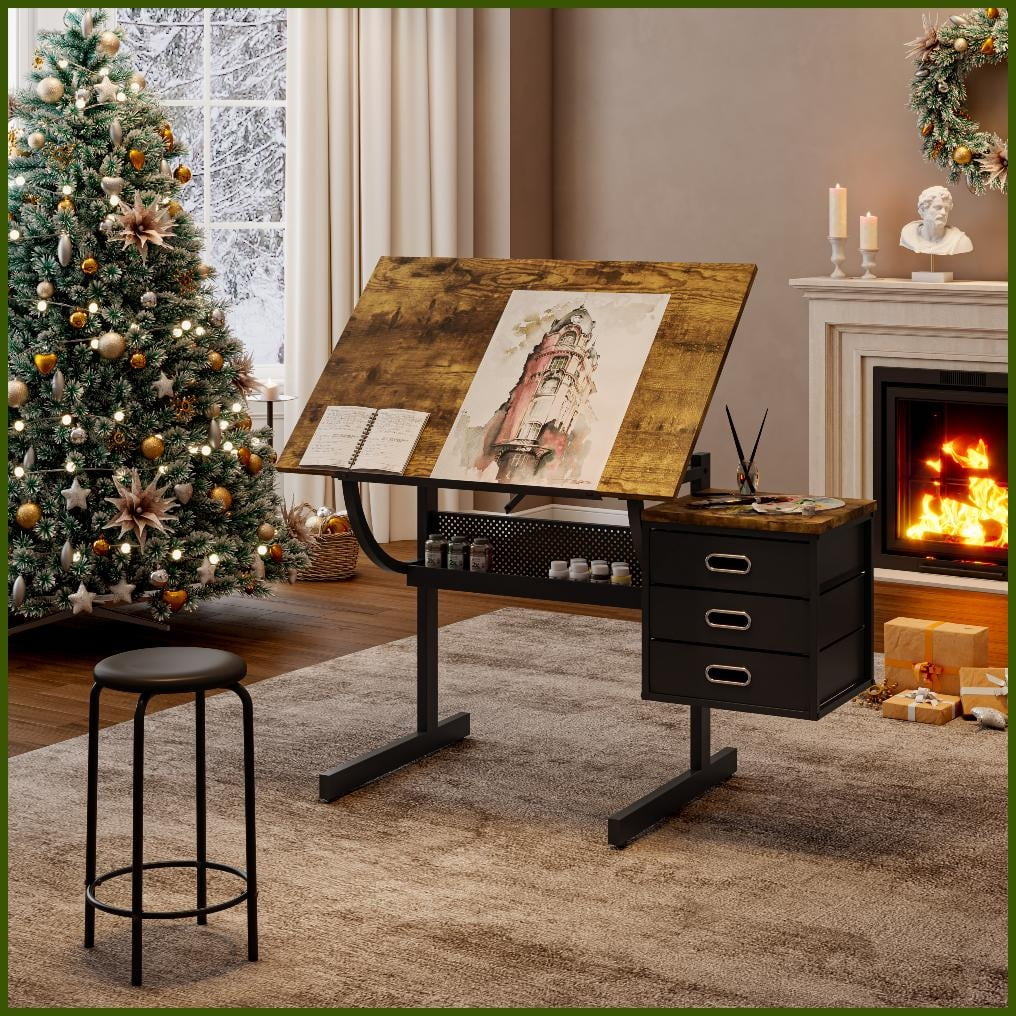 Black Adjustable Drafting Drawing Table with 3 Drawers & Stool, 0-75 ...