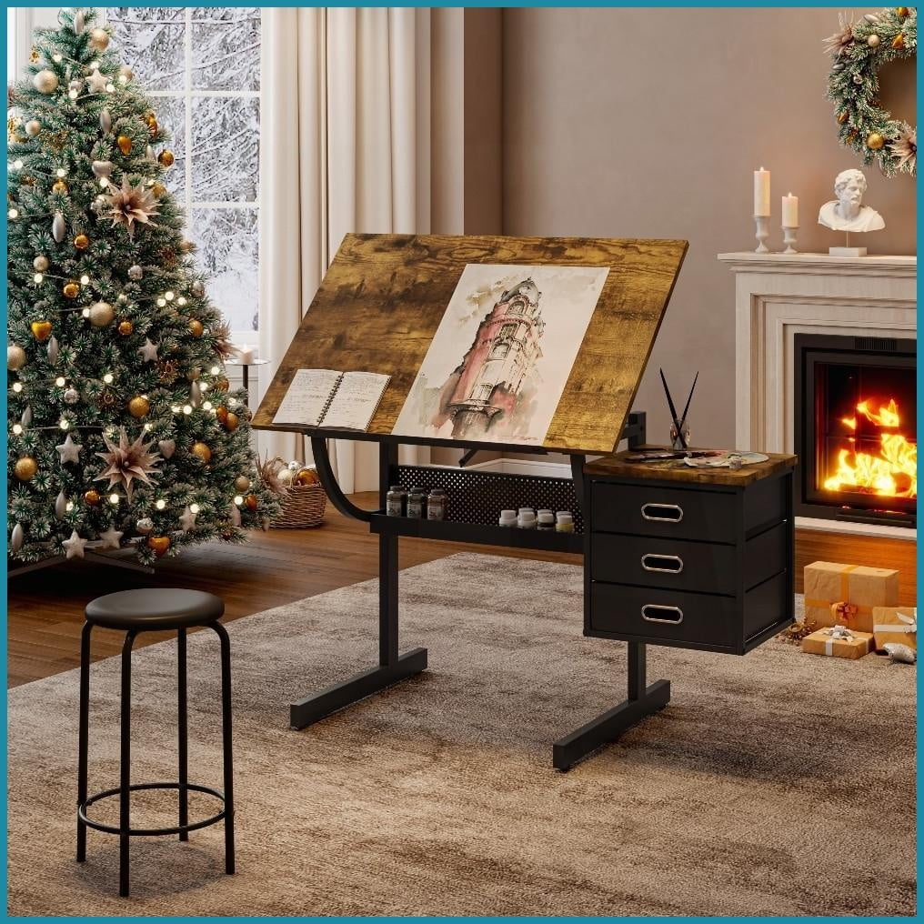 Black Adjustable Drafting Drawing Table with 3 Drawers & Stool, 0-75 ...