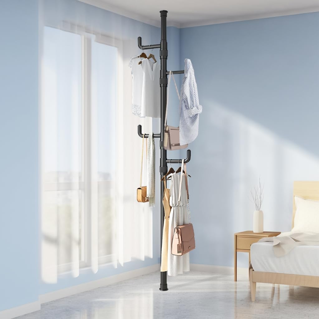 Black Adjustable Floor to Ceiling Tension Rod Clothes Stand, Space ...