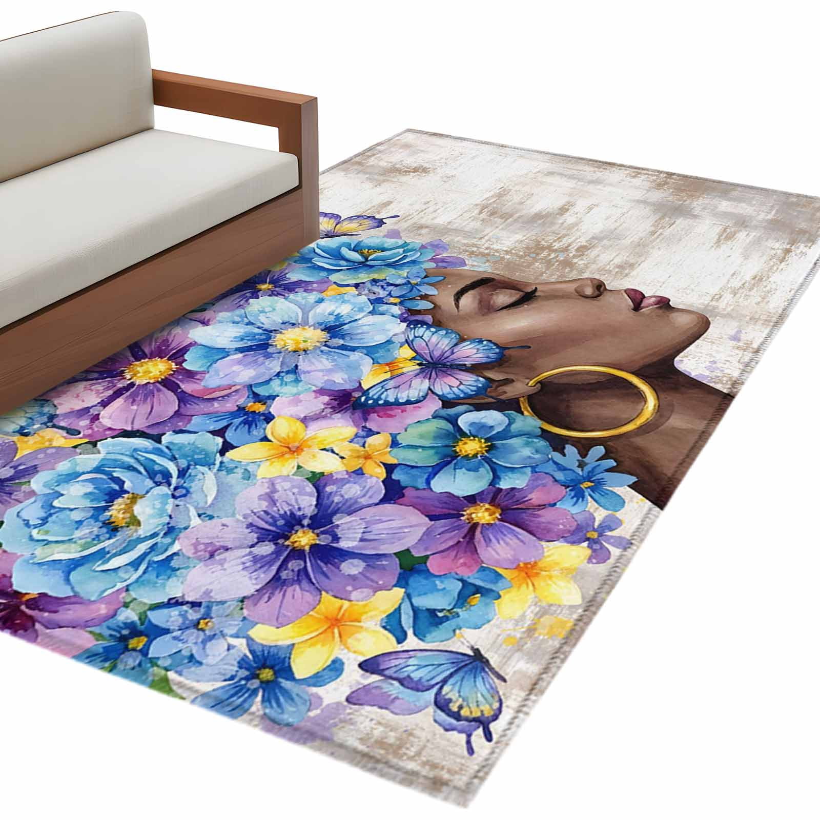 Black African Women Area Rugs Collection 4'x6', Spring Floral Butterfly ...