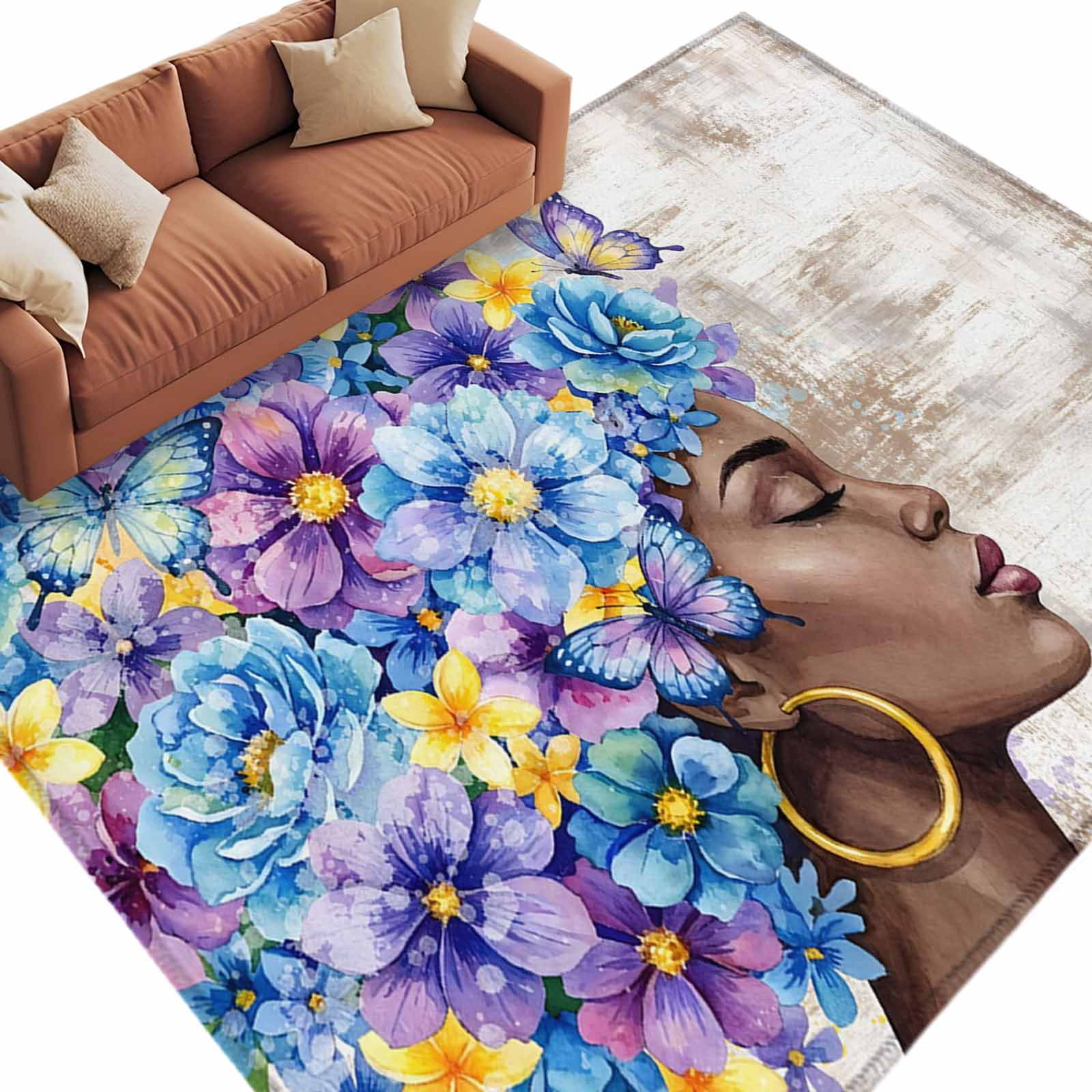 Black African Women Area Rugs Collection 6'x9', Spring Floral Butterfly ...