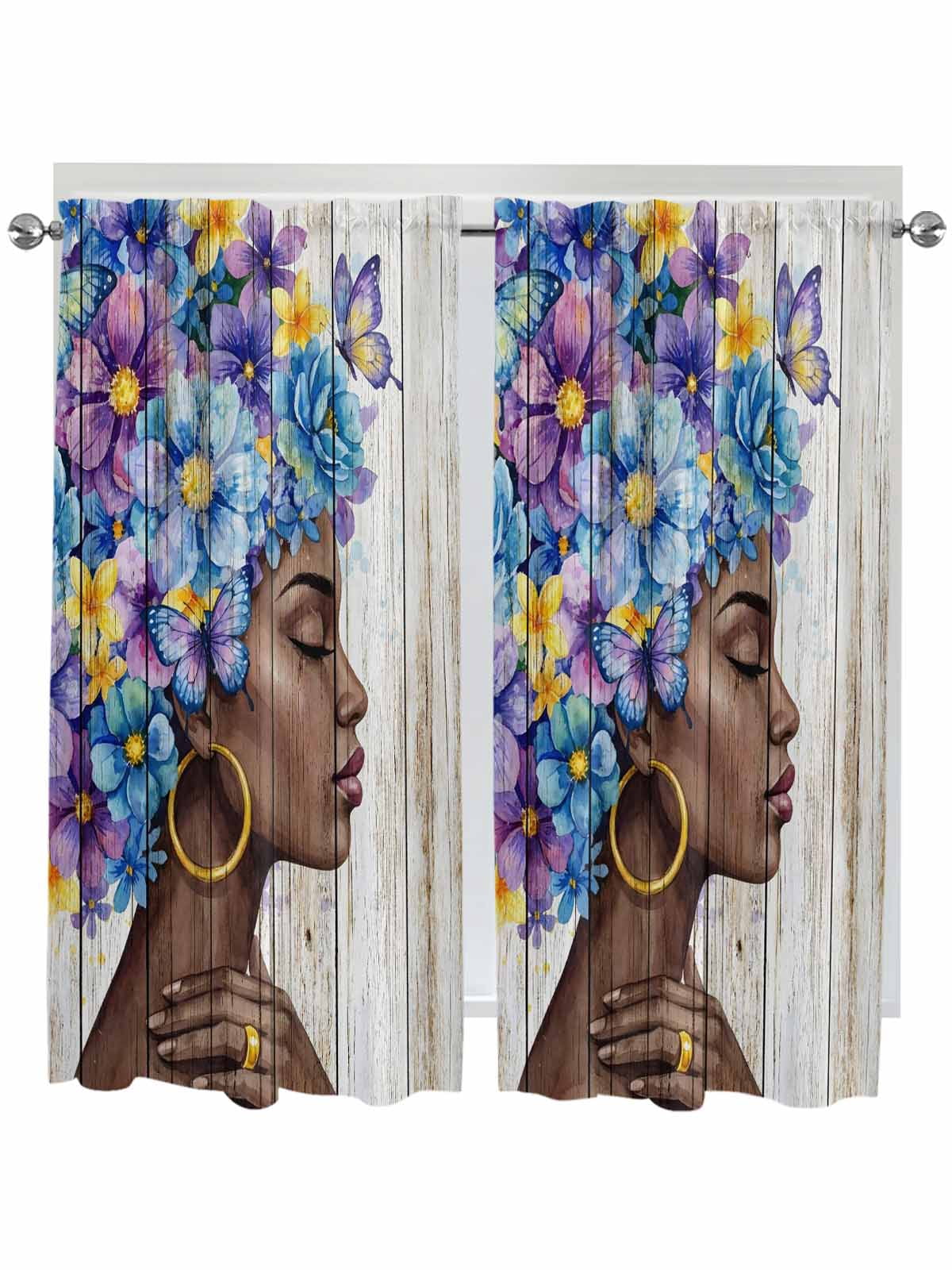 Black African Women Bathroom Window Curtain, Spring Floral Butterfly ...