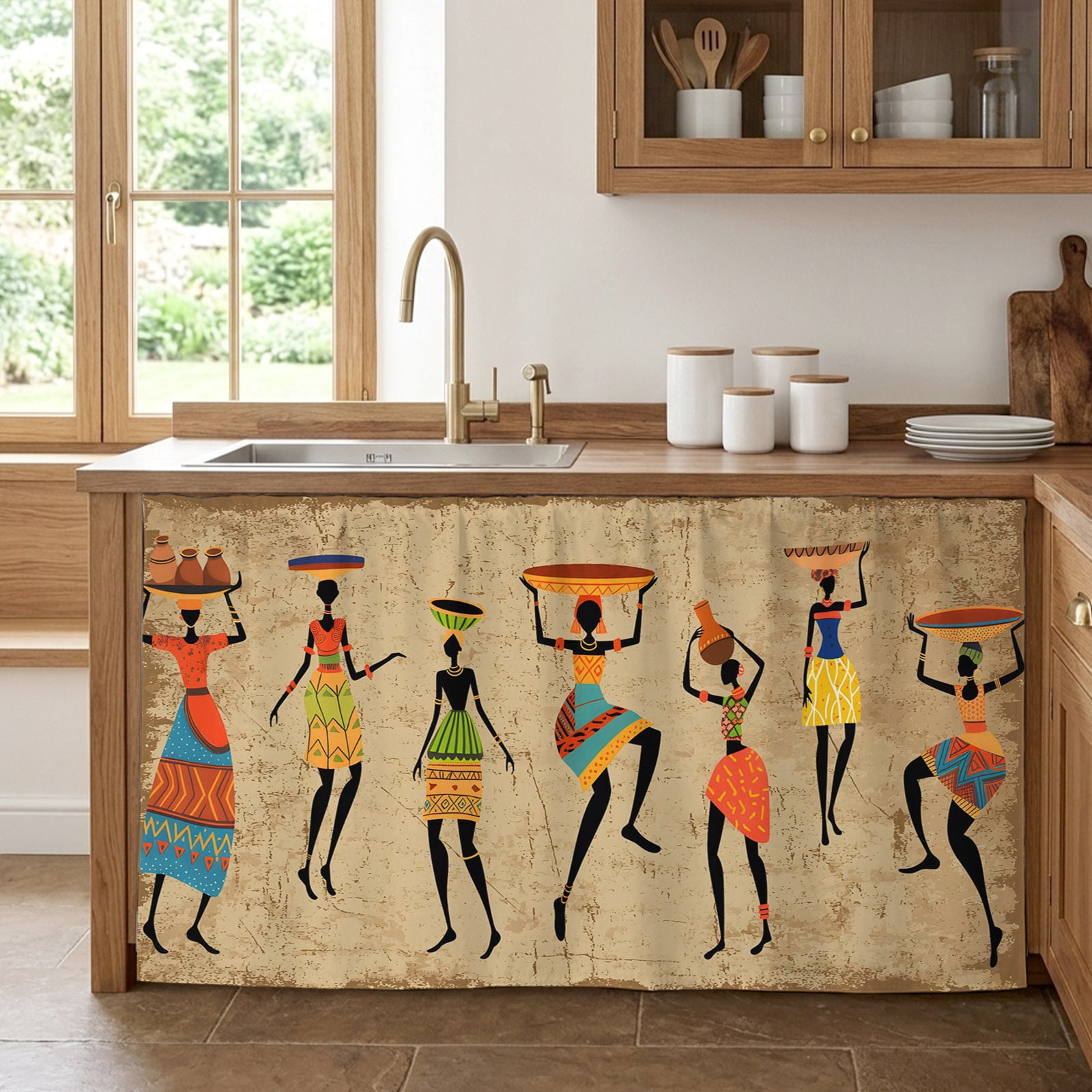 Black African Women Cabinet Curtains 32" W x 55" L Vintage Abstract ...