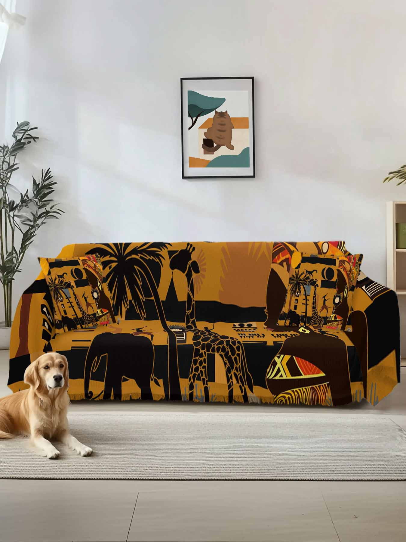Black African Women Couch Cover for 2 Cushion Sofa, Boho Brown Elephant ...