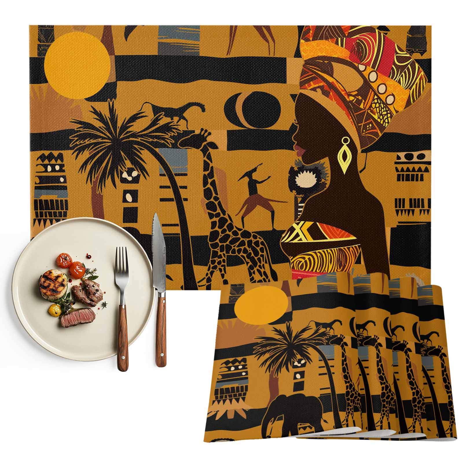 Black African Women Placemats Set of 4, Animal Giraffe Elephant Table ...