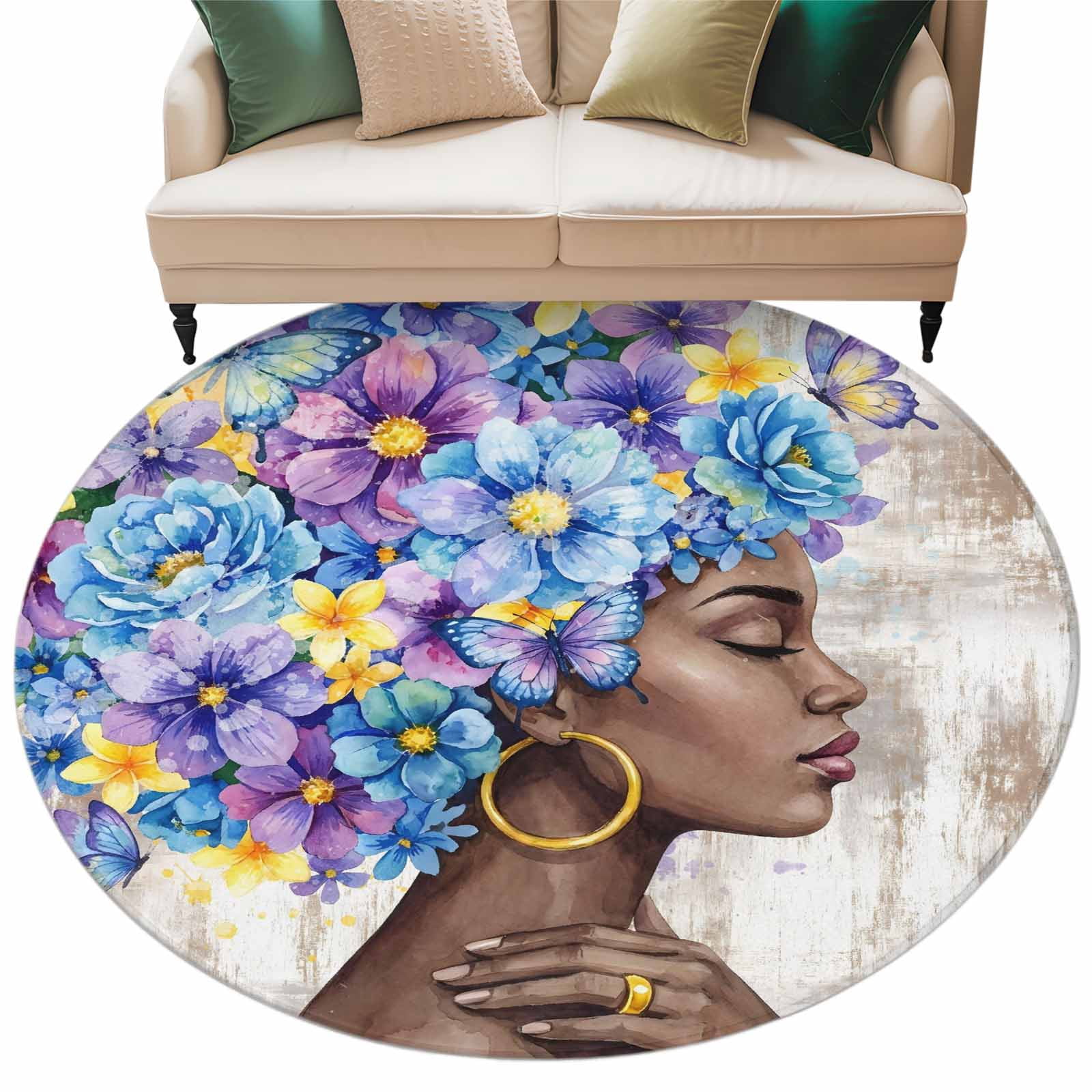 Black African Women Round Area Rugs Collection 6', Spring Floral ...