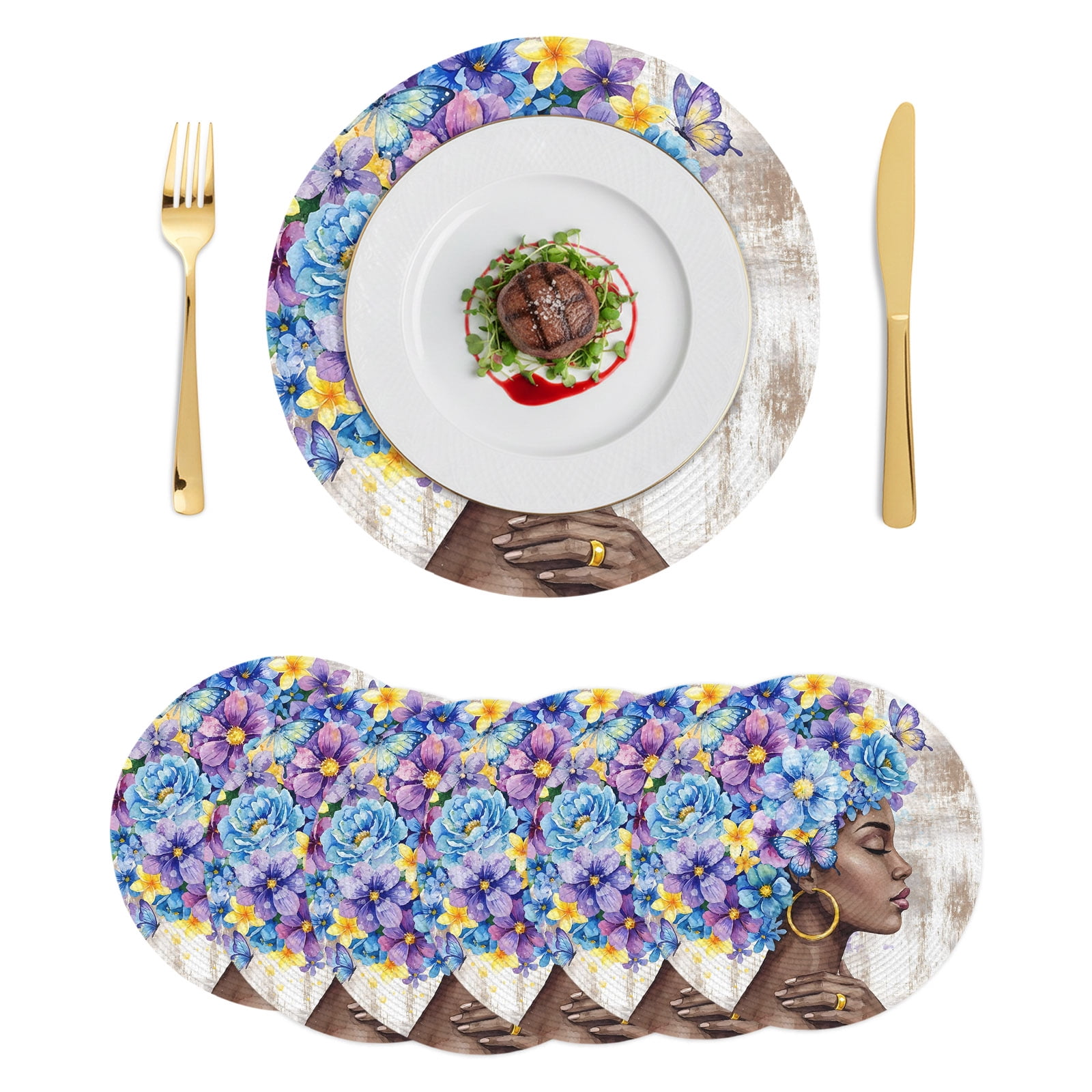 Black African Women Round Placemats Set of 6 Spring Floral Butterfly ...