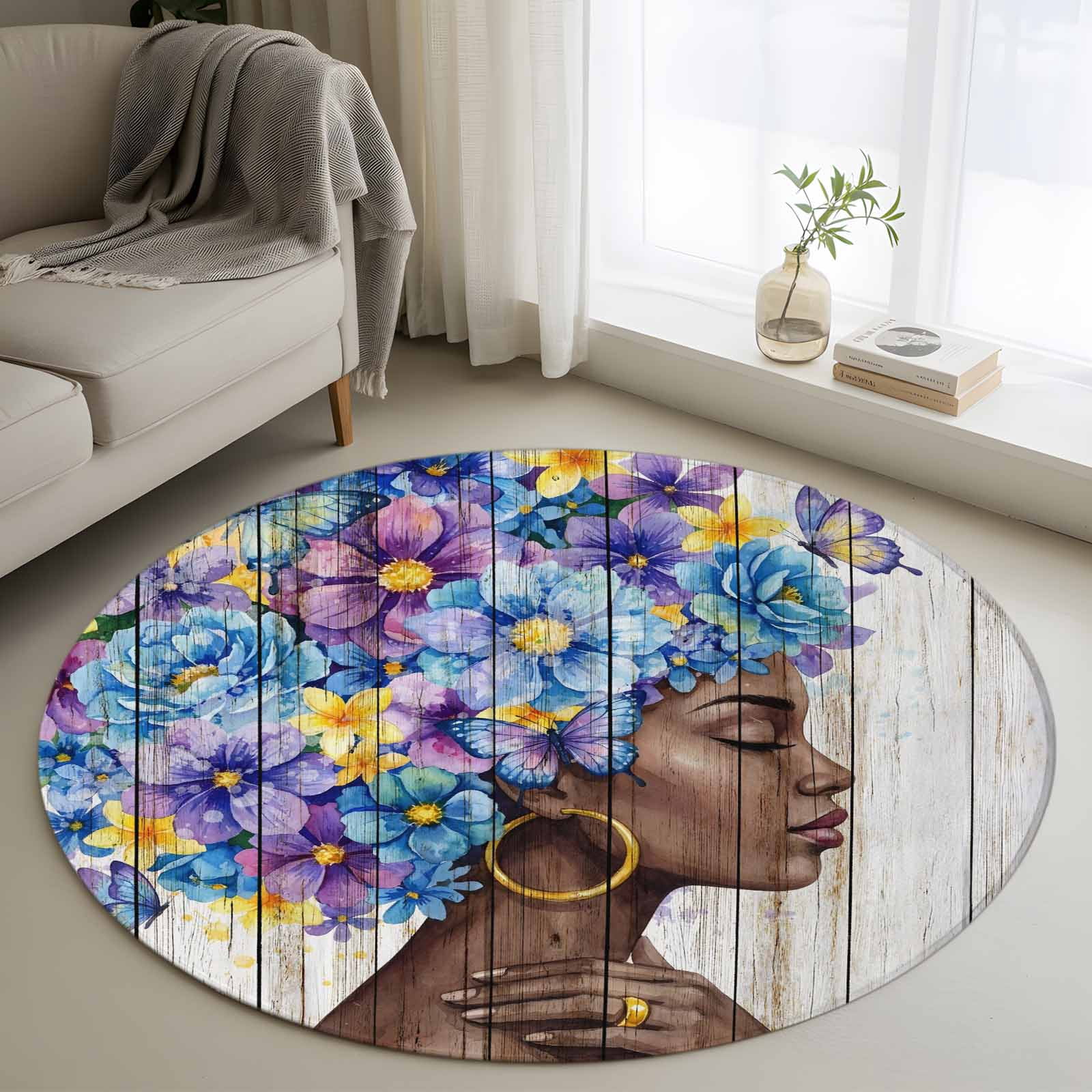 Black African Women Round Rug 3ft Washable Circle Entryway Rugs Non ...