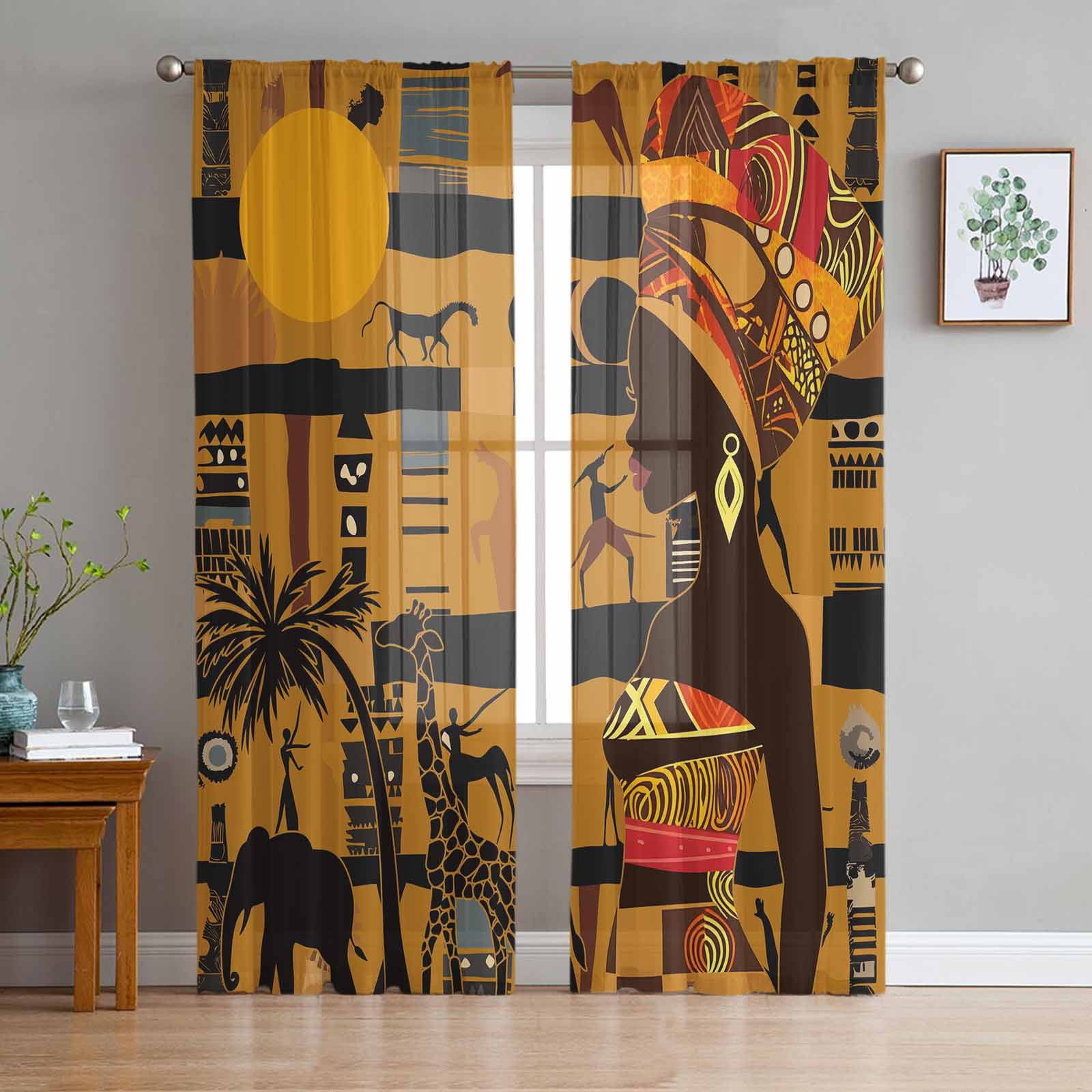 Black African Women Semi Sheer Curtains 84 Inch Length 2 Panels Set ...