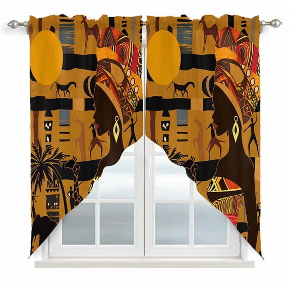 Black African Women Swag Curtain Valances, Boho Brown Elephant Giraffe ...