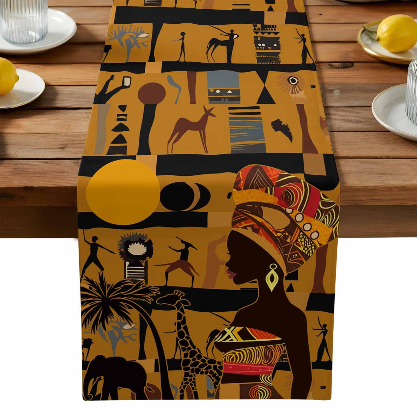 Black African Women Table Runner, Animal Giraffe Elephant Cotton Linen ...