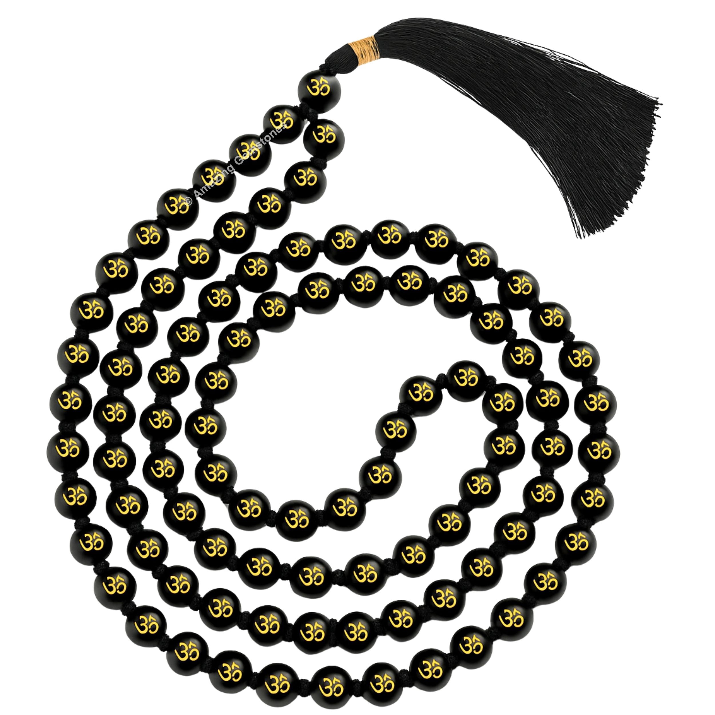 Black Agate (Om) Mala Beads 108 Buddhist Prayer Beads Japamala (Hand ...