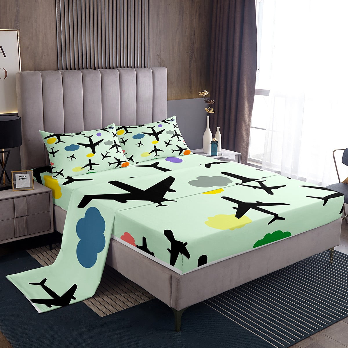 Black Airplane Sheet Set Aircraft Silhouette Bed Sheets Set King ...