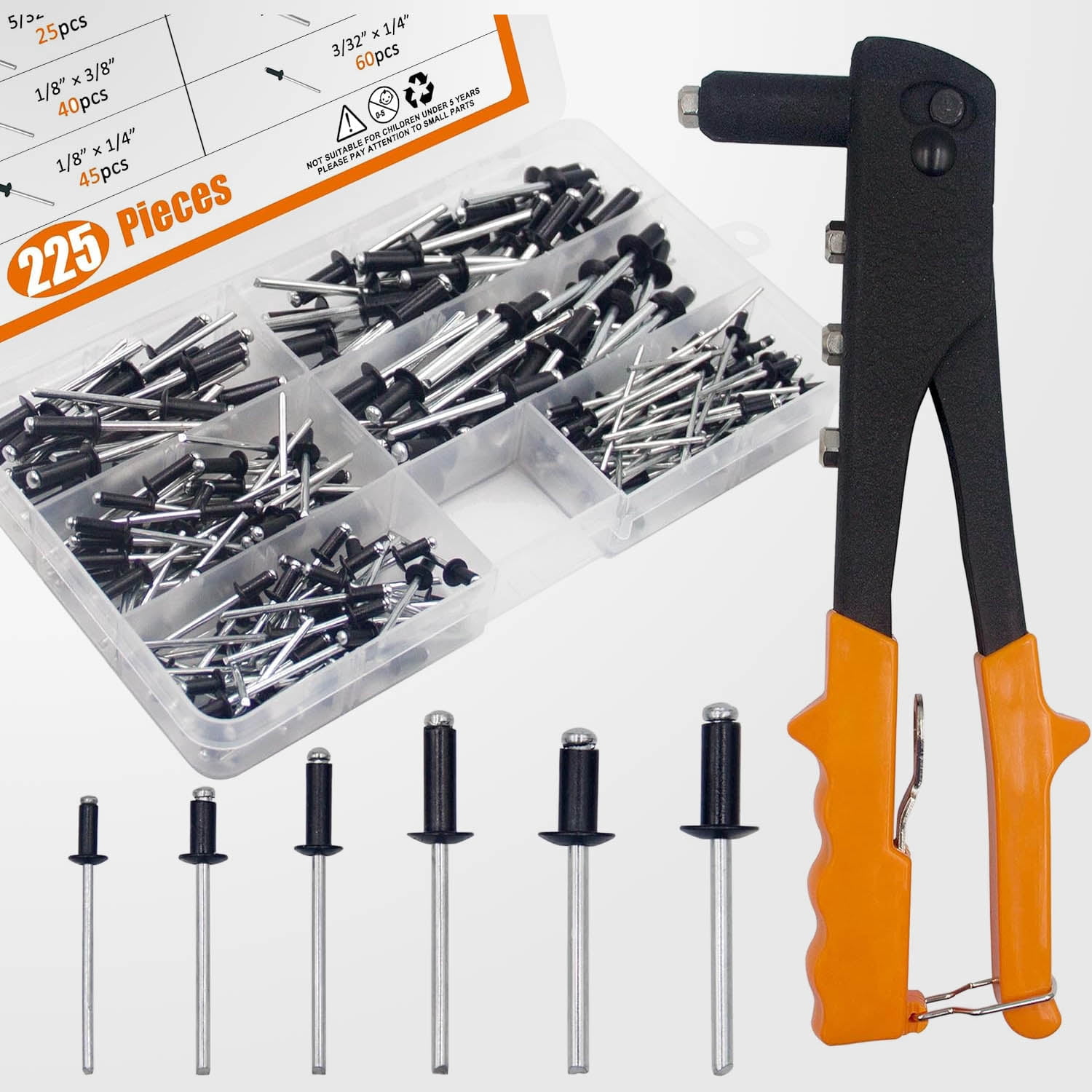 Black Aluminum Blind Rivets Assortment Kit with Hand Riveter Gun Tool ...