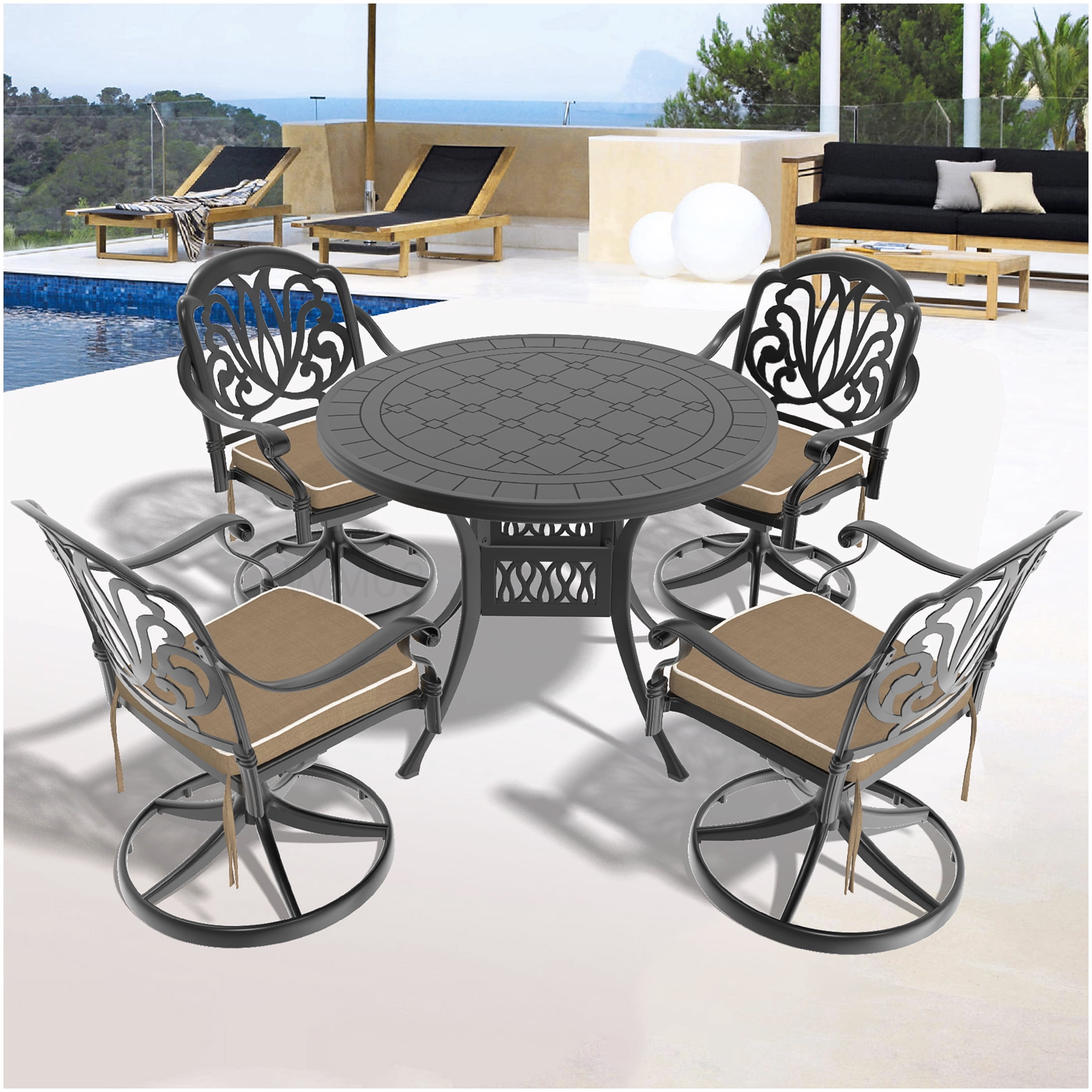 Black Aluminum Outdoor Patio Dining Set with 4 Swivel Chairs and 39 ...