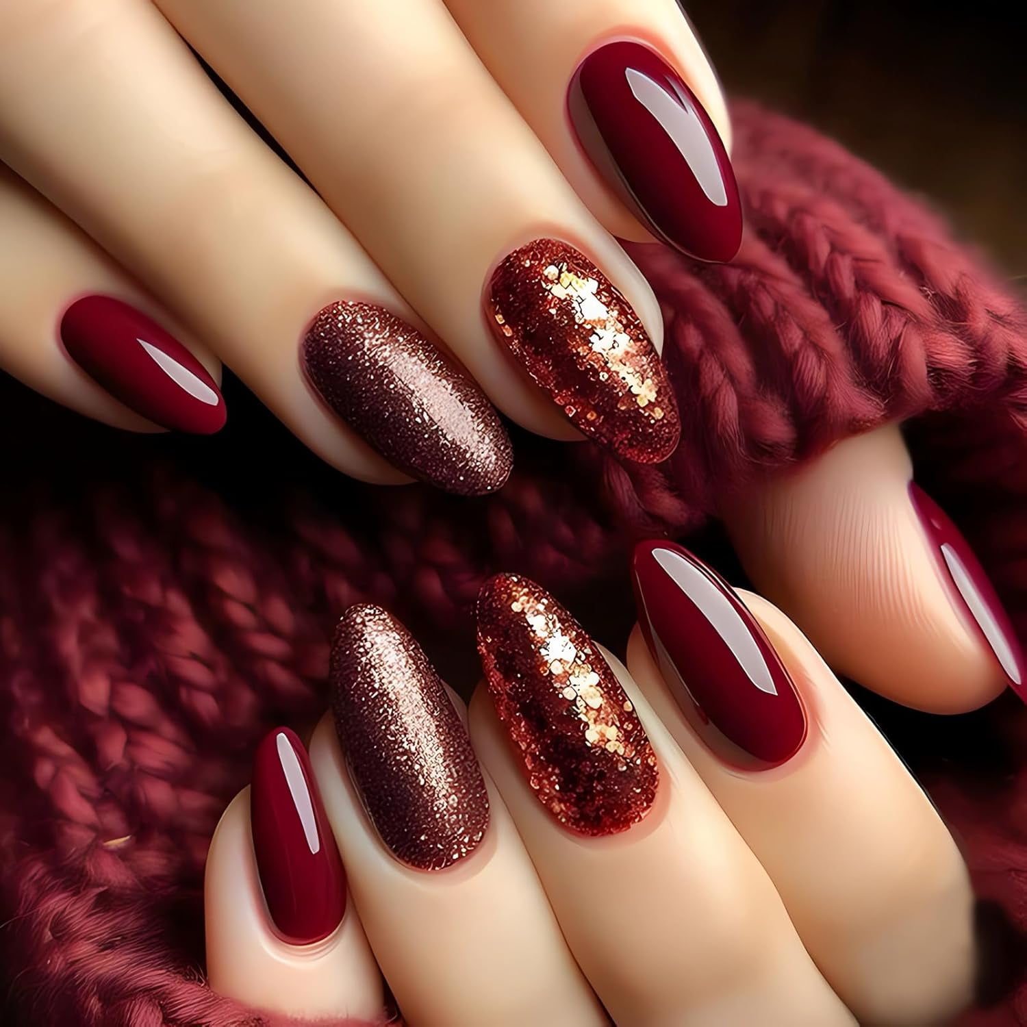 Black Amber Press on Nails Almond Fake Nails Medium Length Gold Foil ...