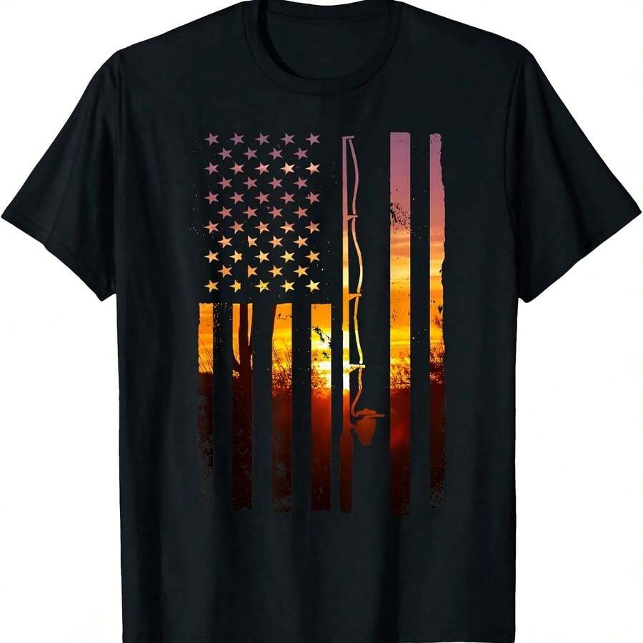 Black American Flag Fishing Sunset Graphic T-Shirt, 100% Cotton Short ...