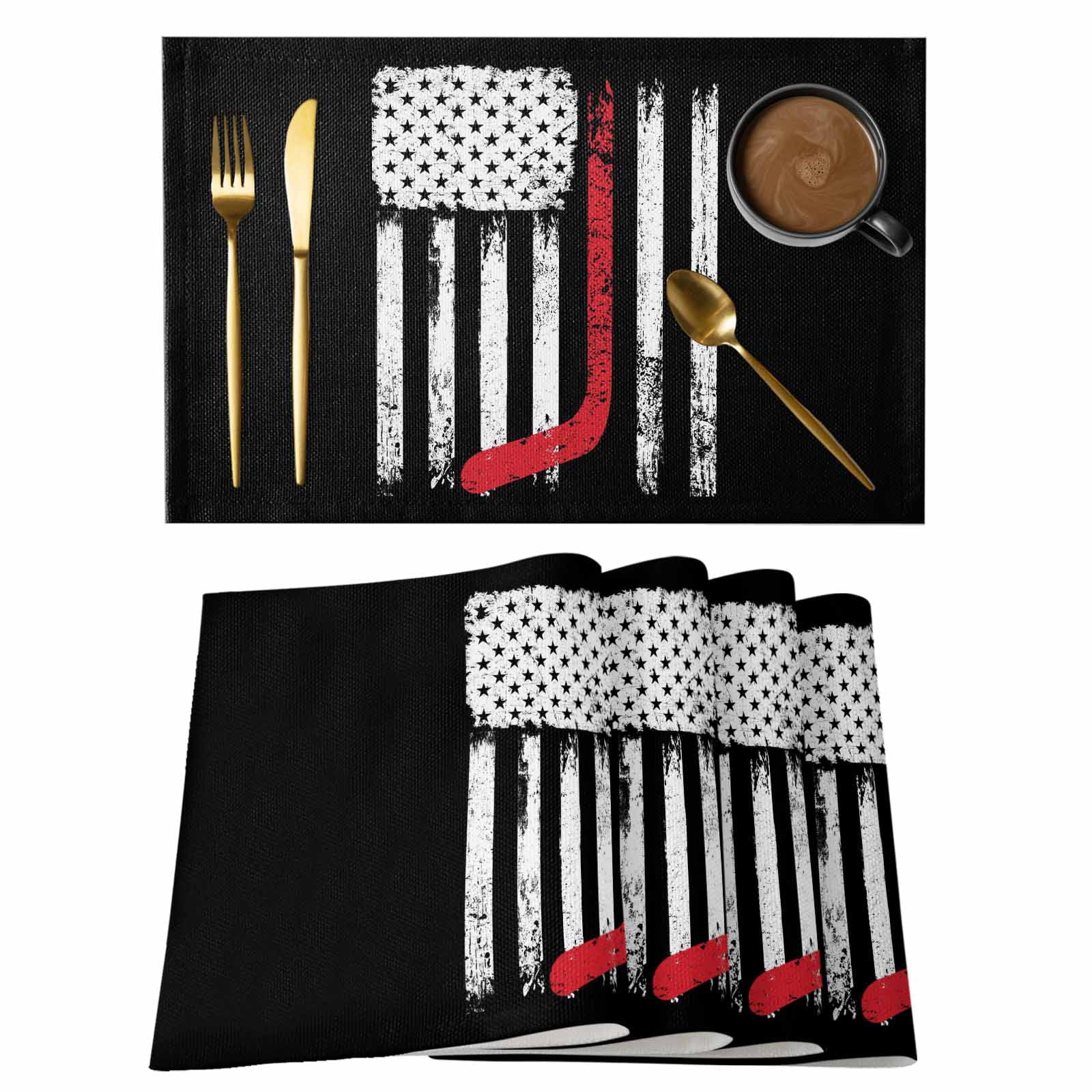 Black American Flag Placemats Set of 4, Vintage Red Hockey Star Strip ...