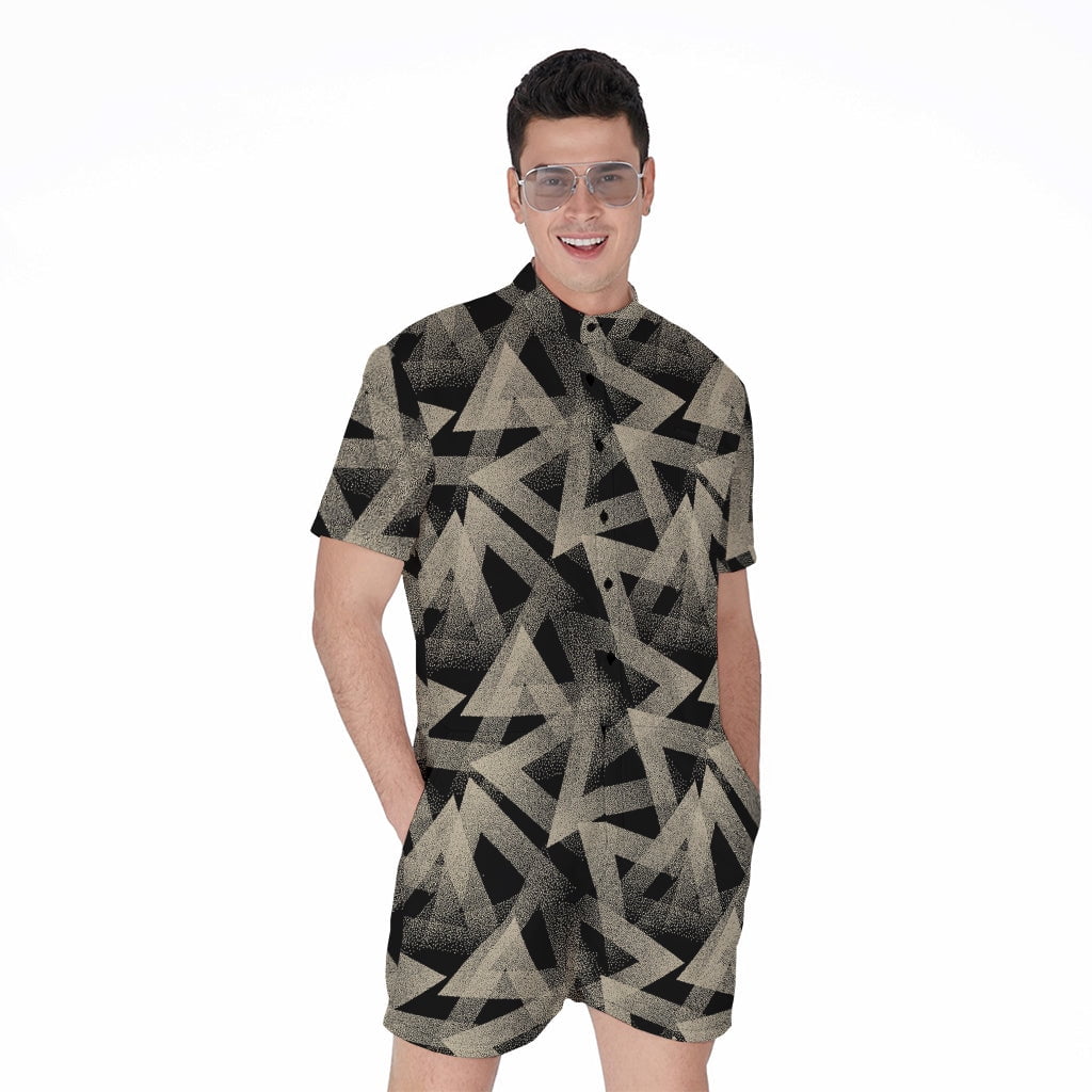 Black And Beige Geometric Triangle Short Sleeve Men'S Rompers Casual ...