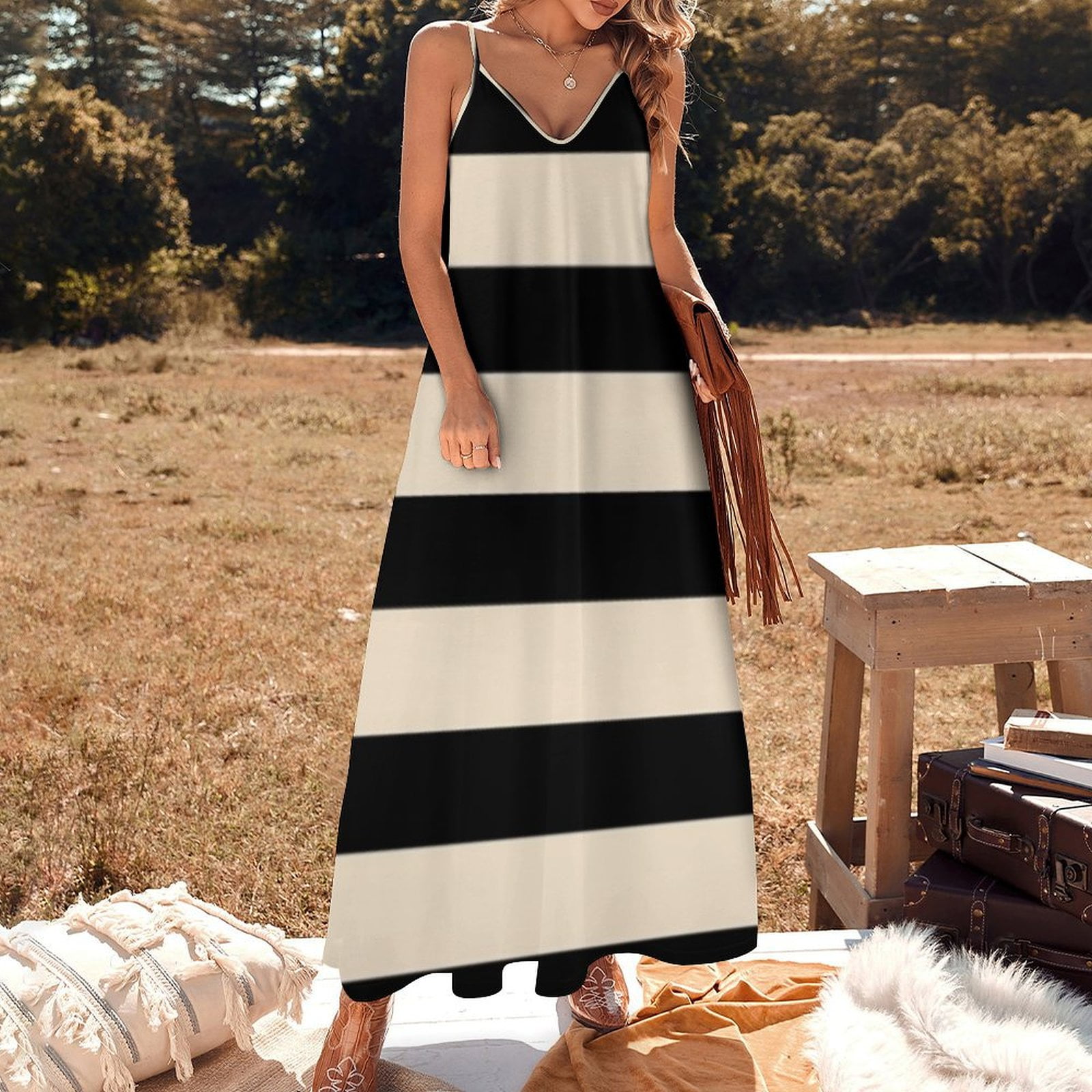 Black And Beige Horizontal Stripes Sleeveless Dress Elegant gowns women ...