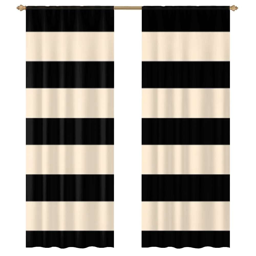 Black And Beige Horizontal Stripes Tulle Curtains For Living Room ...