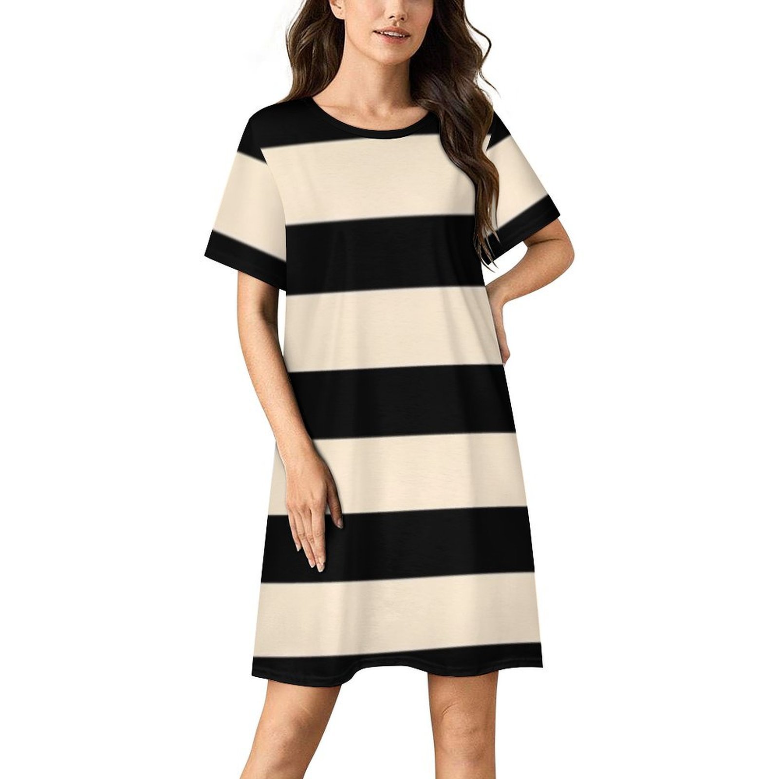 Black And Beige Horizontal Stripes Women Nightgown Sleepwear Short ...