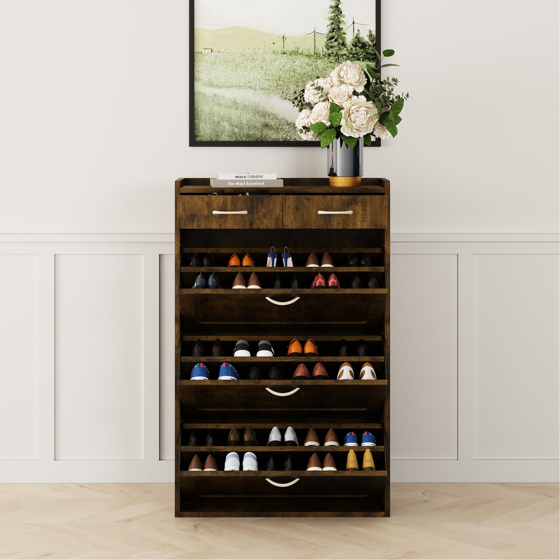 Black And Brown Solid Wood Shoe Carrier Cabinet - 31.49 Inches, Simple ...