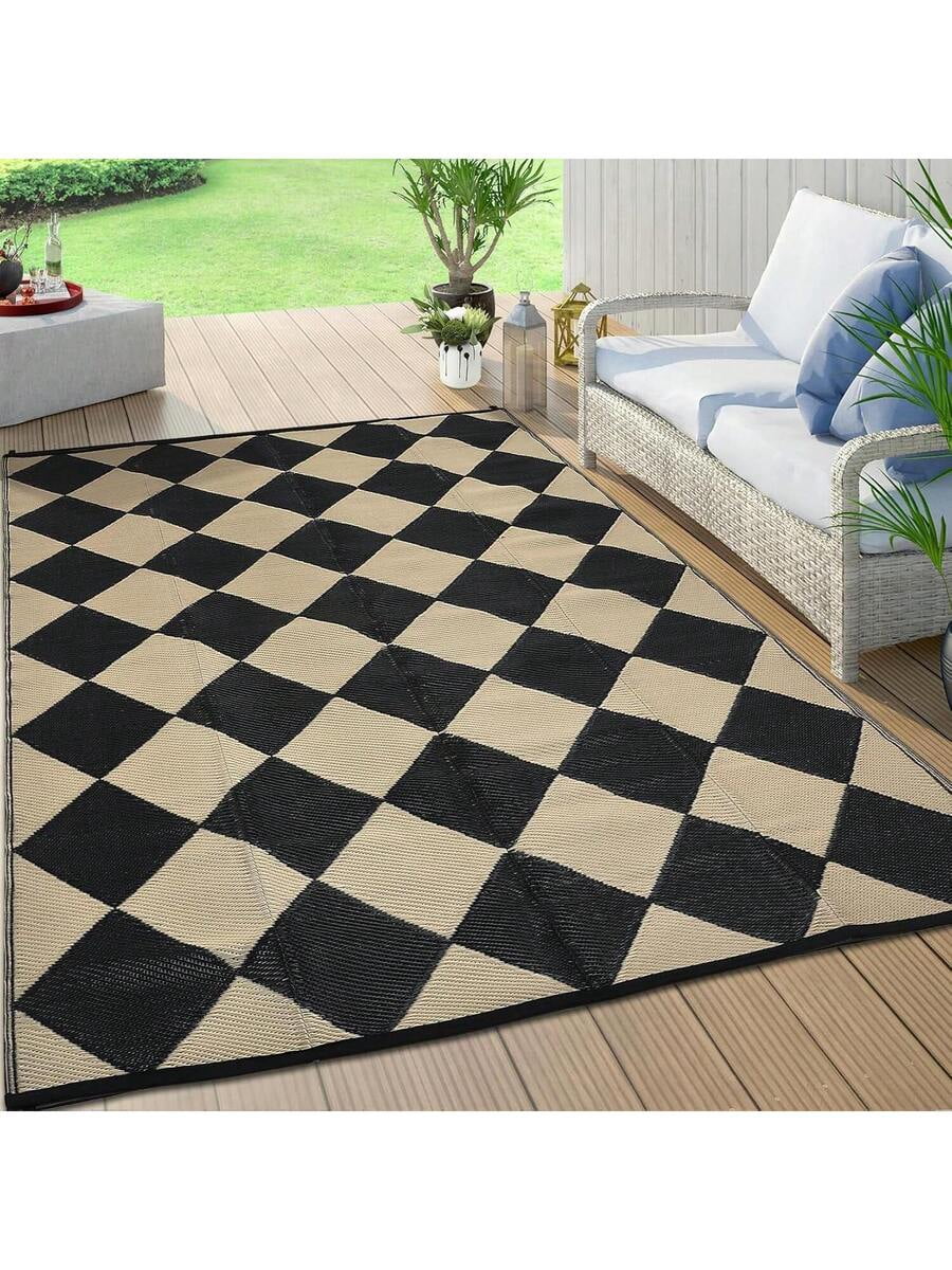 Black And Coffee Checkered 8x10 Outdoor Rug Waterproof Reversible ...