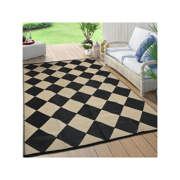 Black And Coffee Checkered 8x10 Outdoor Rug Waterproof Reversible ...