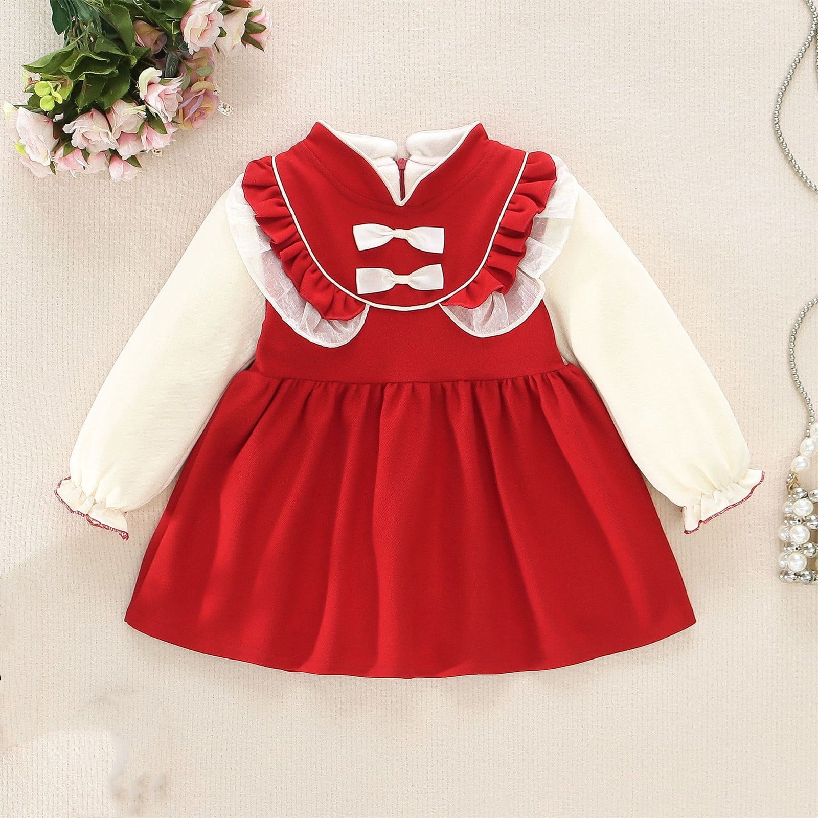 Children Clothes Girl Velvet With Bow Collar Long Sleeve Dress Tiered ...