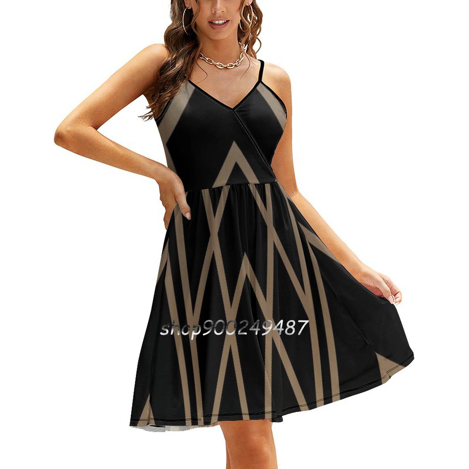 Black And Gold Art Square Neck Dress Sweet Summer Dress Women Elegant ...