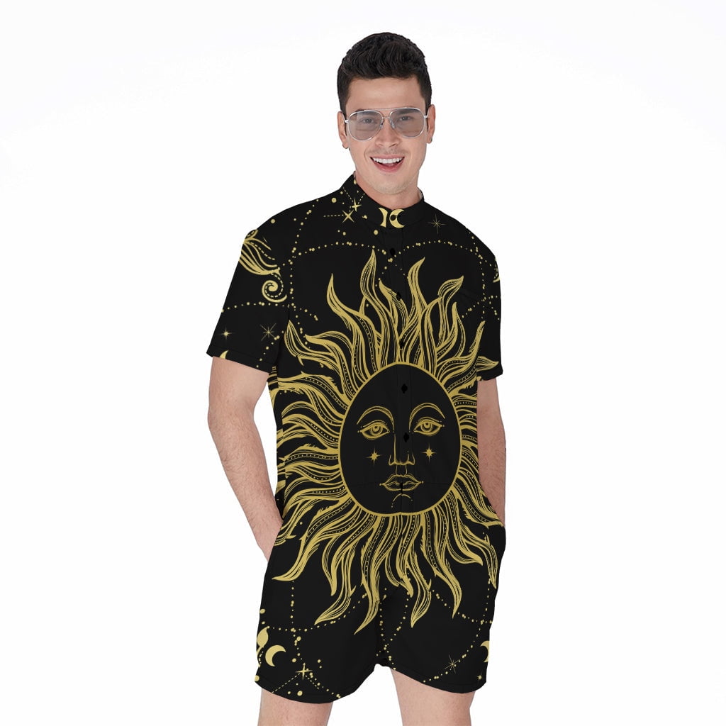 Black And Gold Celestial Sun Short Sleeve Men'S Rompers, Lunar Heaven ...