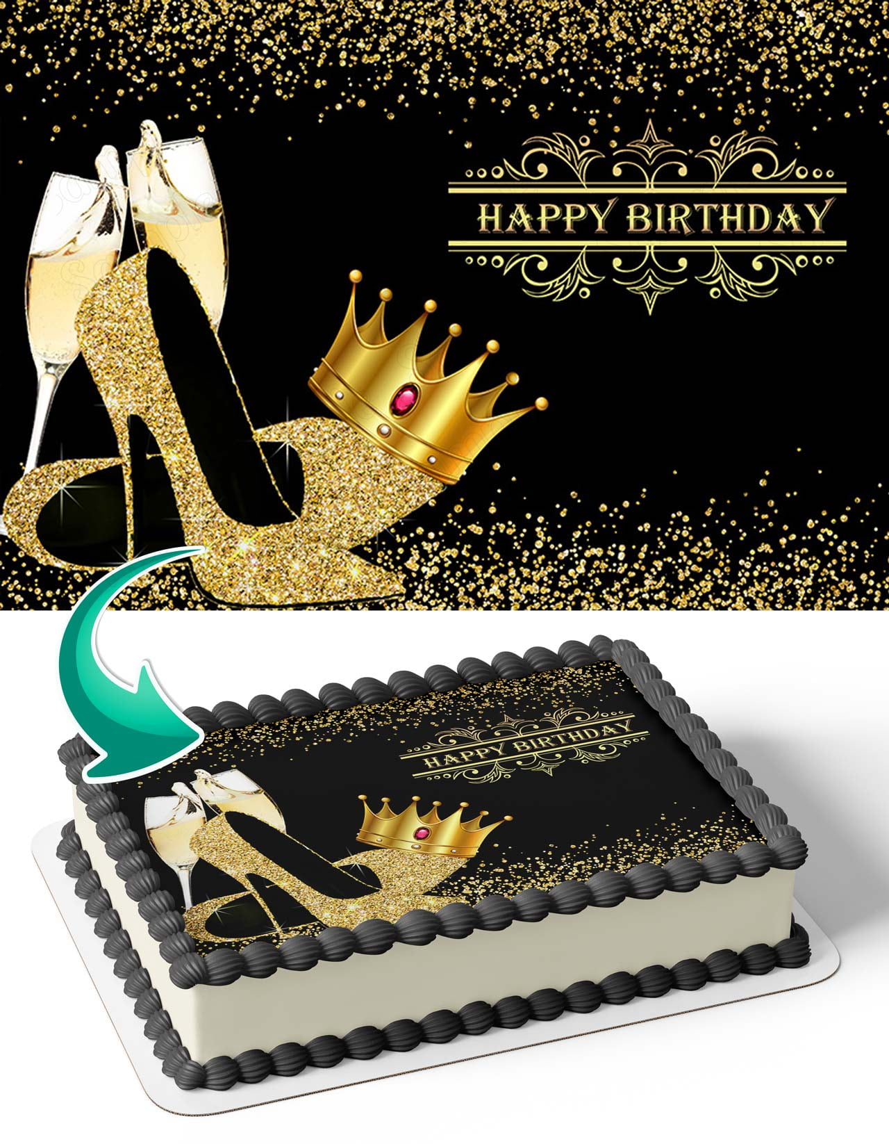 Black And Gold Champagne Glitter Shoes BGS Edible Image Cake Topper ...