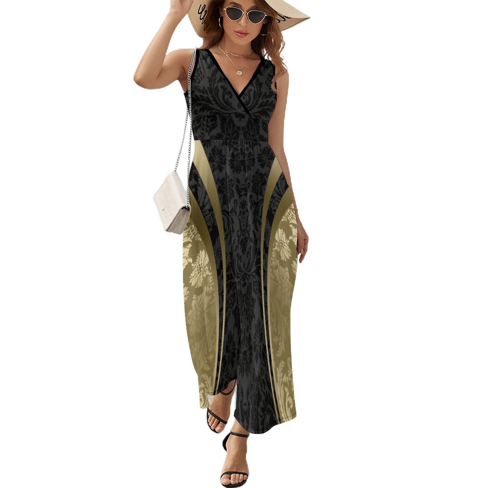 Black And Gold Damasks And geometric Stripes Sleeveless Dress Dance ...