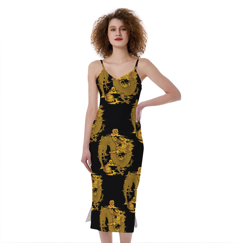 Black And Gold Dragon Pattern Print Slim Fit Midi Cami Dress, Dragons ...
