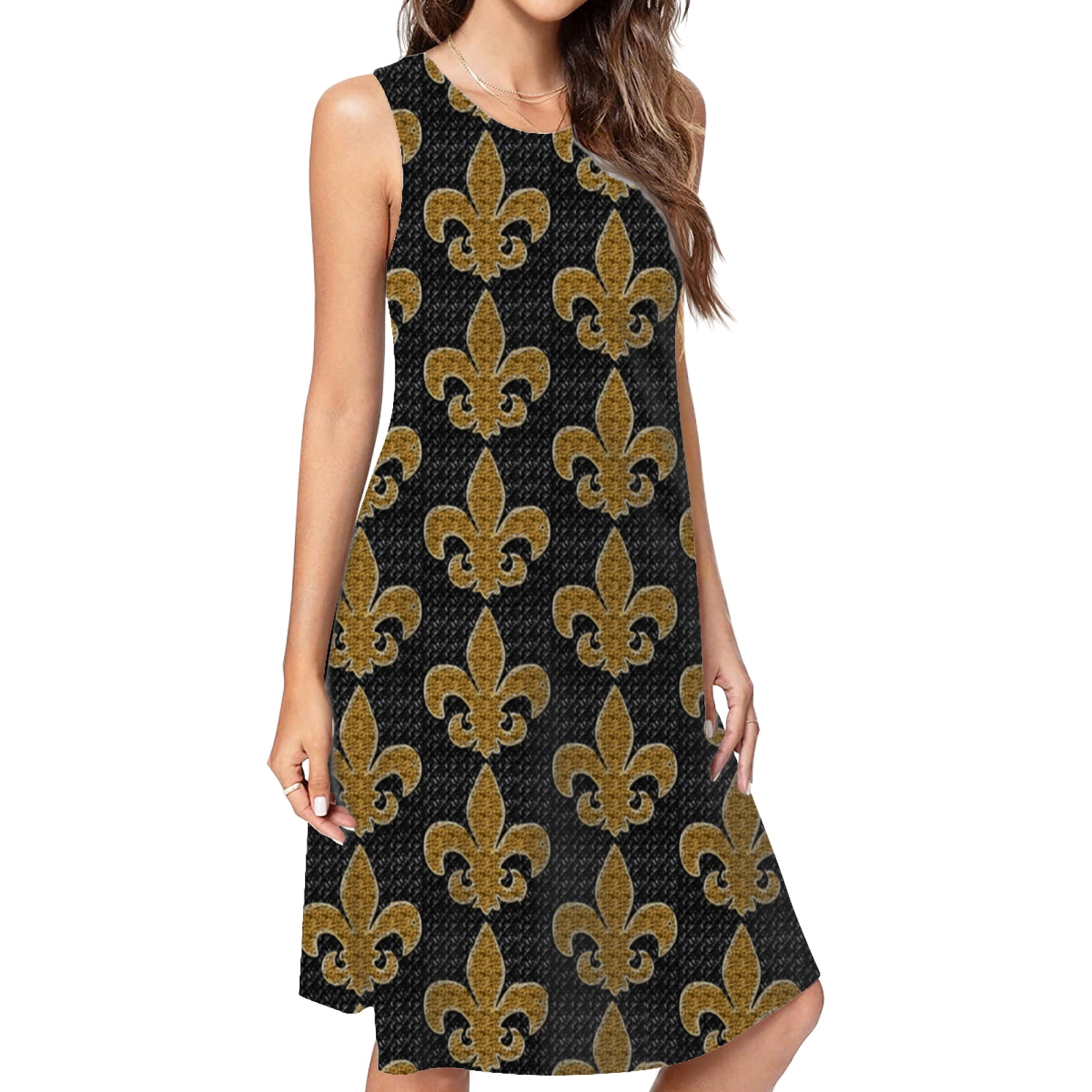 Black And Gold Fleur De Lis Casual Sleeveless Loose Sundress Dress For ...