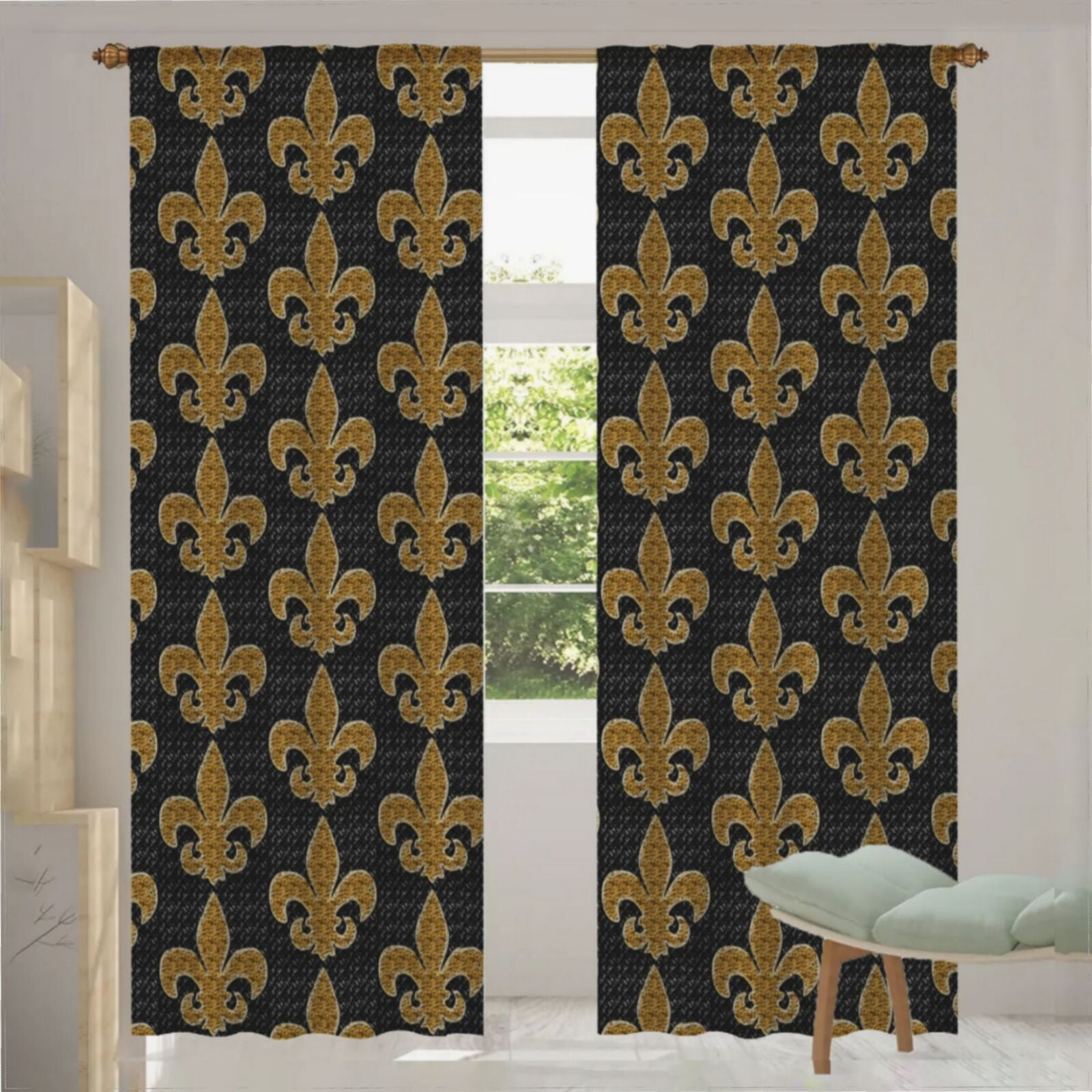 Black And Gold Fleur De Lis Curtain For Living Room Bedroom Kitchen ...
