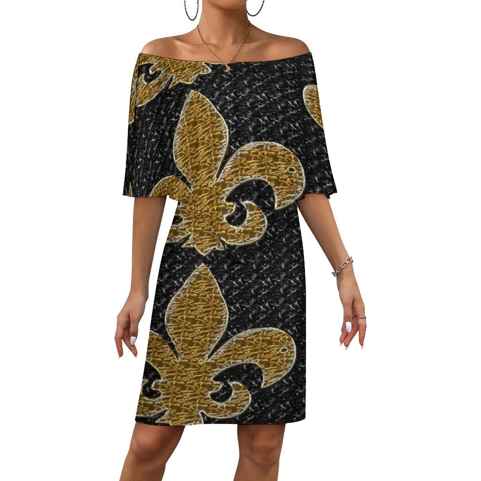 Black And Gold Fleur De Lis Women's Off The Shoulder Ruffles Summer ...